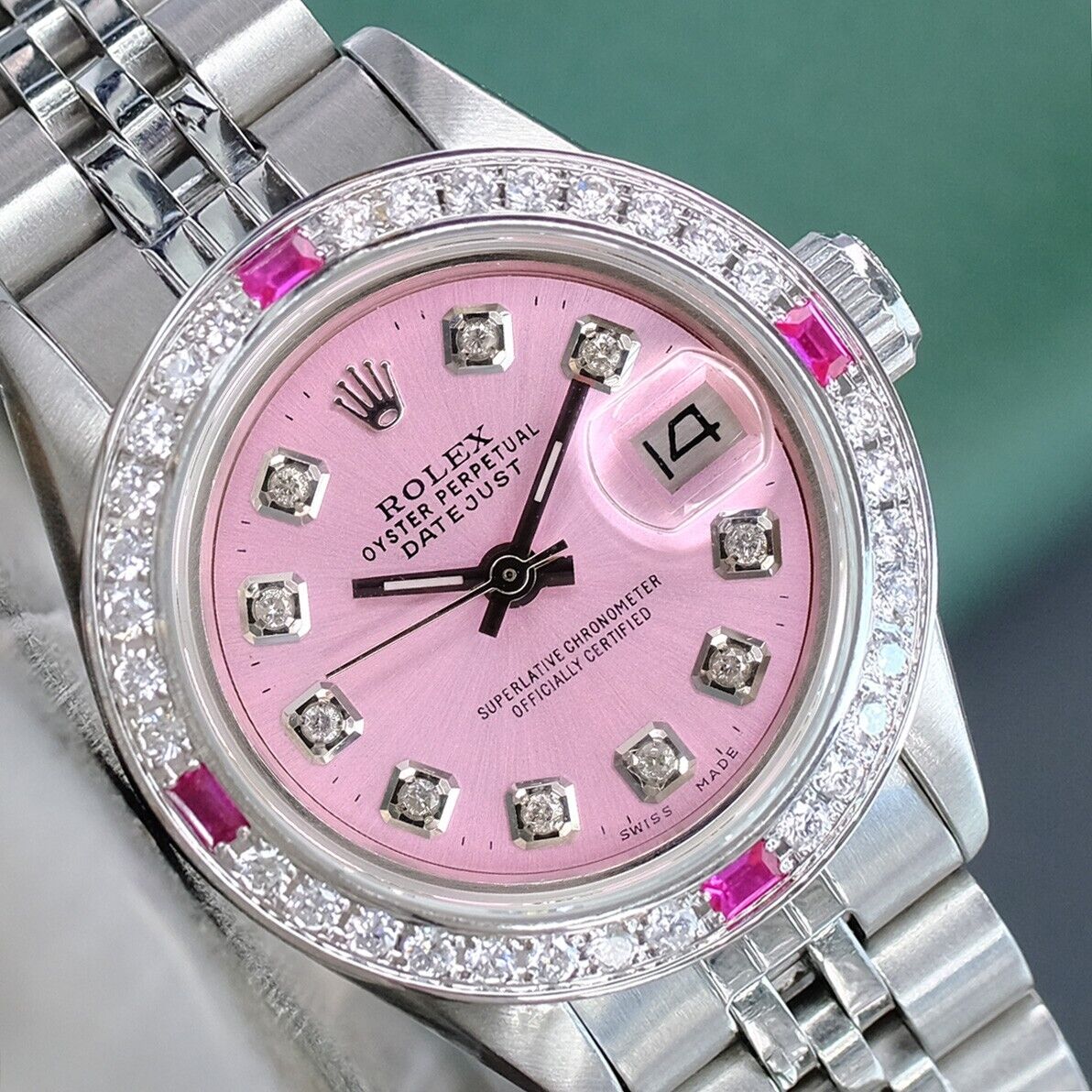 ROLEX LADIES DATEJUST WATCH STAINLESS STEEL PINK DIAL DIAMOND BEZEL ...