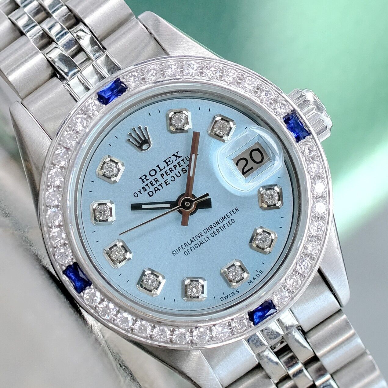 ROLEX LADIES DATEJUST WATCH STAINLESS STEEL BLUE DIAL DIAMOND BEZEL ...