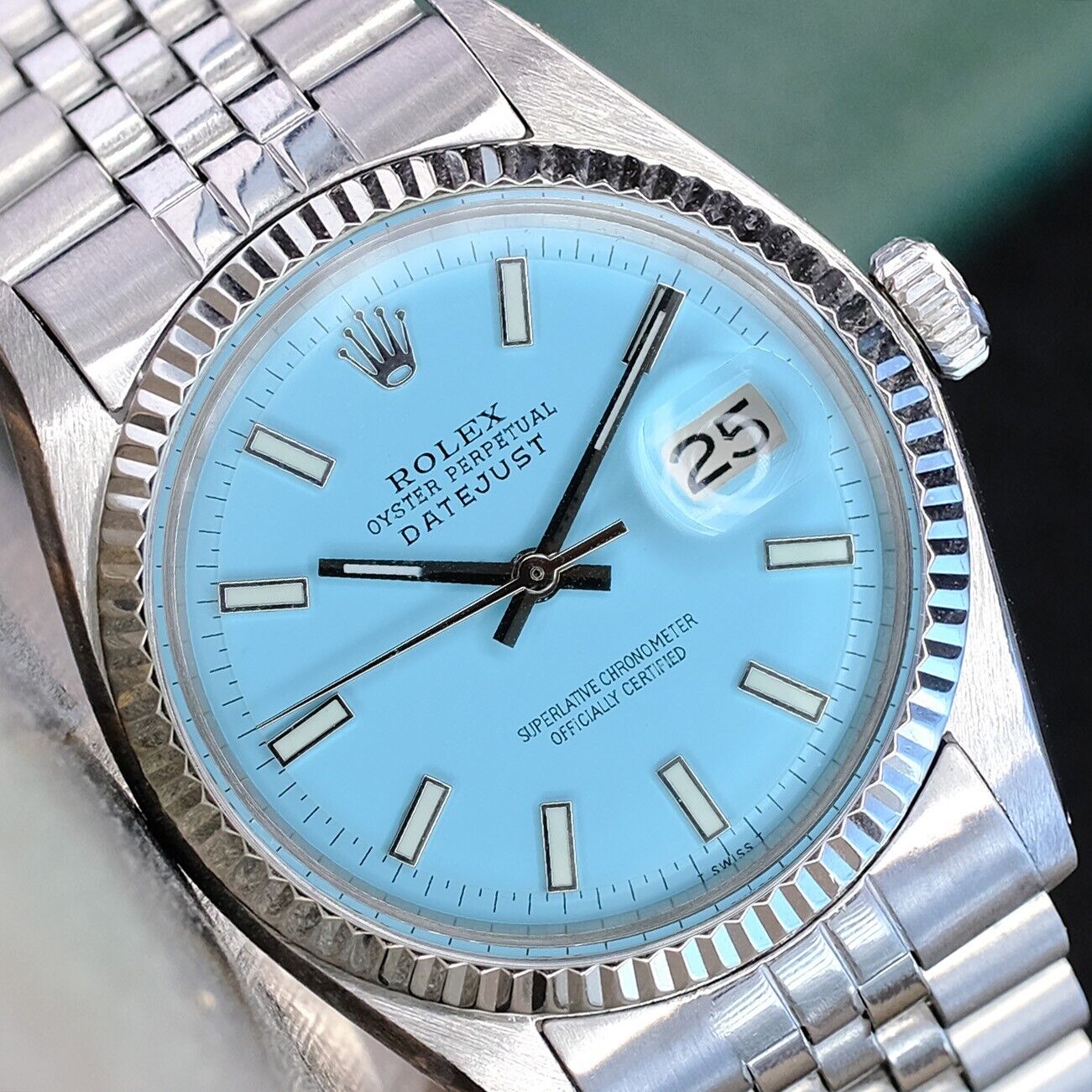 ROLEX MENS DATEJUST GOLD & STEEL POWDER BLUE DIAL FLUTED BEZEL 36MM ...