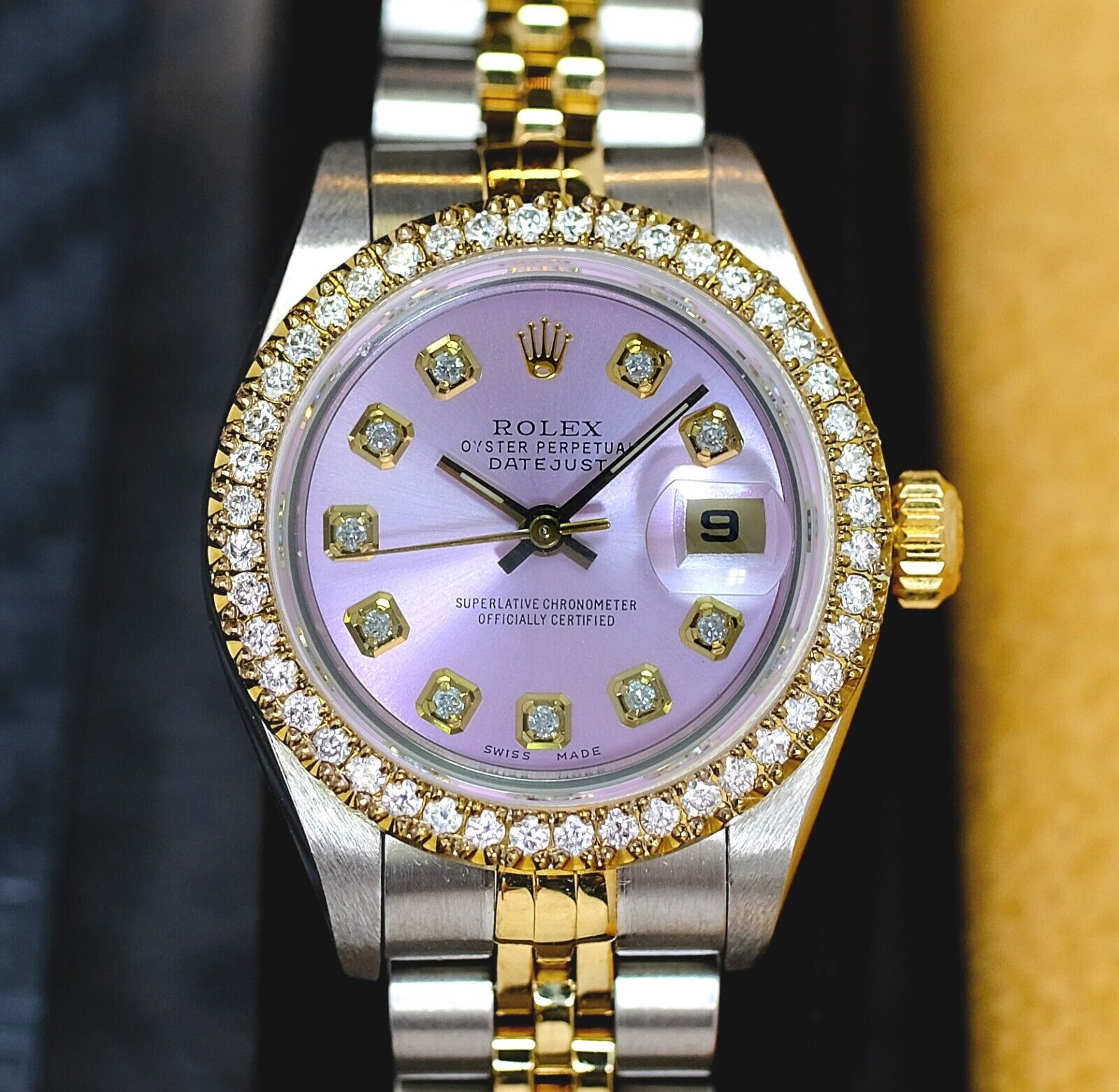 ROLEX LADIES DATEJUST TWO-TONE PINK DIAMOND DIAL DIAMOND BEZEL 26MM REF ...