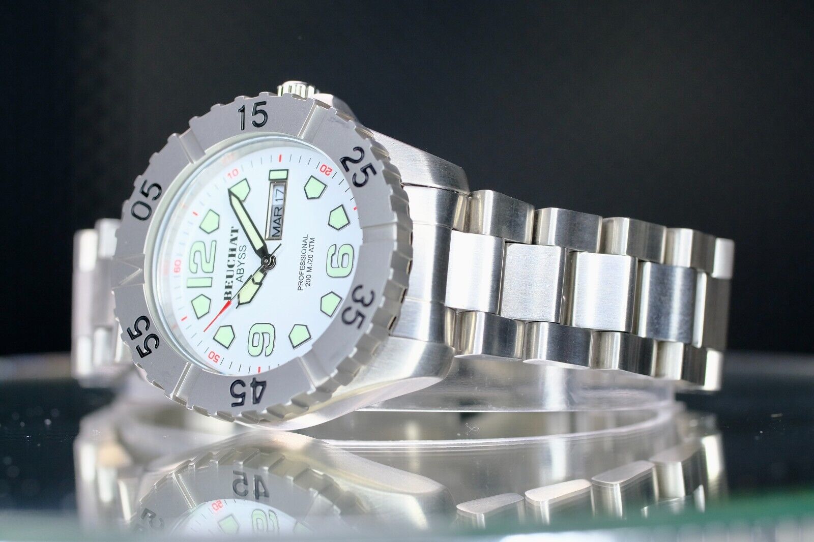 BEUCHAT ABYSS DIVERS MENS WATCH WHITE ARABIC SUPER LUMINOVA ROTATING ...
