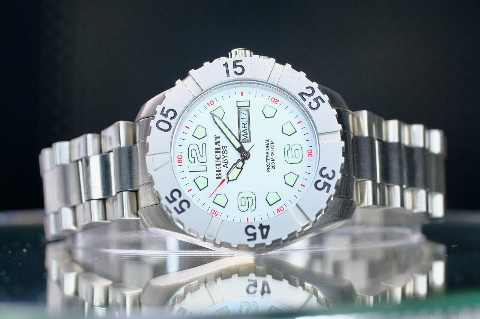 BEUCHAT ABYSS DIVERS MENS WATCH WHITE ARABIC SUPER LUMINOVA ROTATING ...