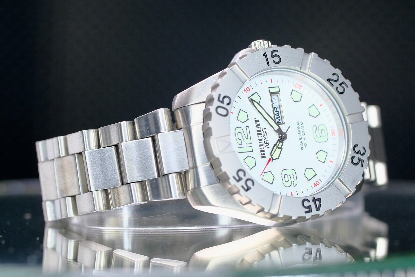 BEUCHAT ABYSS DIVERS MENS WATCH WHITE ARABIC SUPER LUMINOVA ROTATING ...
