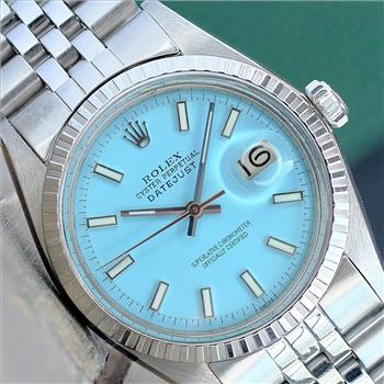 ROLEX MENS DATEJUST STAINLESS STEEL POWDER BLUE INDEX DIAL 36MM WATCH ...