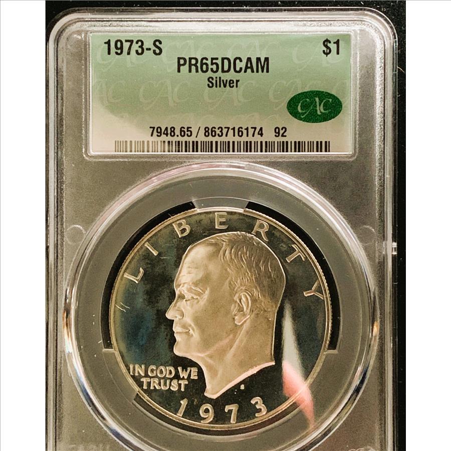 1973-S SILVER DEEP CAMEO PROOF EISENHOWER DOLLAR COIN, GRADED PR65DCAM ...