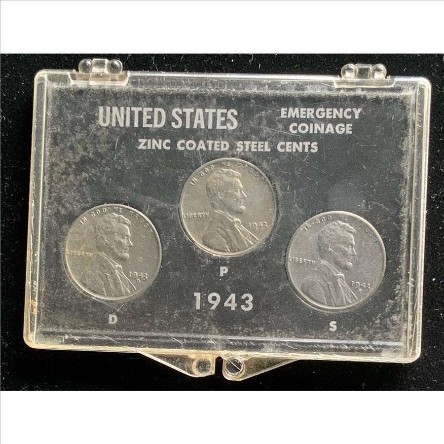 1943 WAR TIME EMERGENCY ZINK COATED STEEL CENTS, 3 COIN SET IN ORIG ...