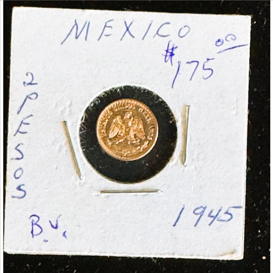 GOLD, 1945 MEXICO 2 PESOS, BU BRIGHT LUSTER ABSOLUTE GEM COIN | Property Room
