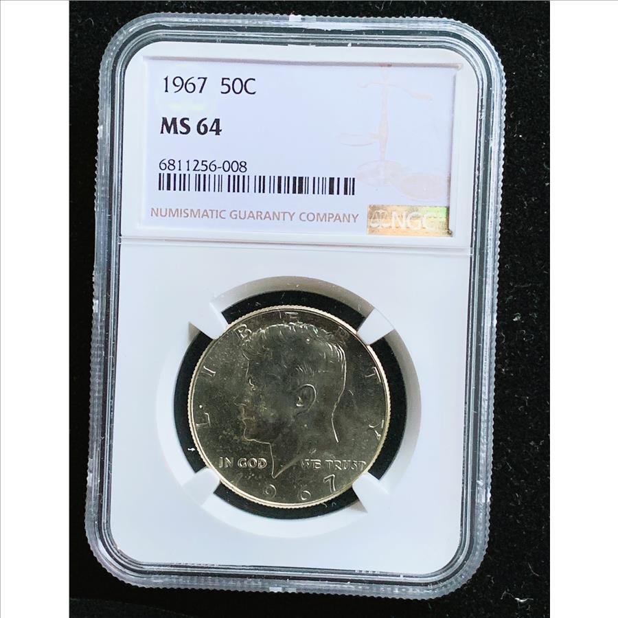 1967 KENNEDY 50C COIN, NGC GRADED MS 64 IN THE SLAB, SHINY BRILLIANT ...