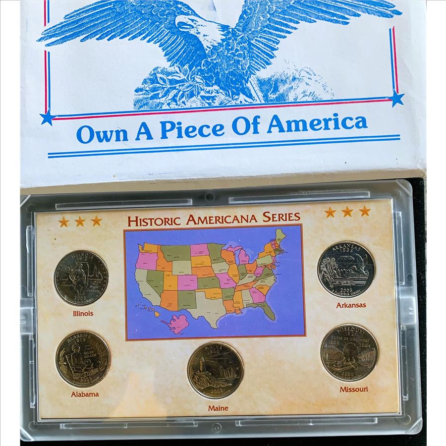 HISTORIC AMERICANA COIN SERIES, 5 UNC STATE QUARTERS IN ORIG MAP CASE ...