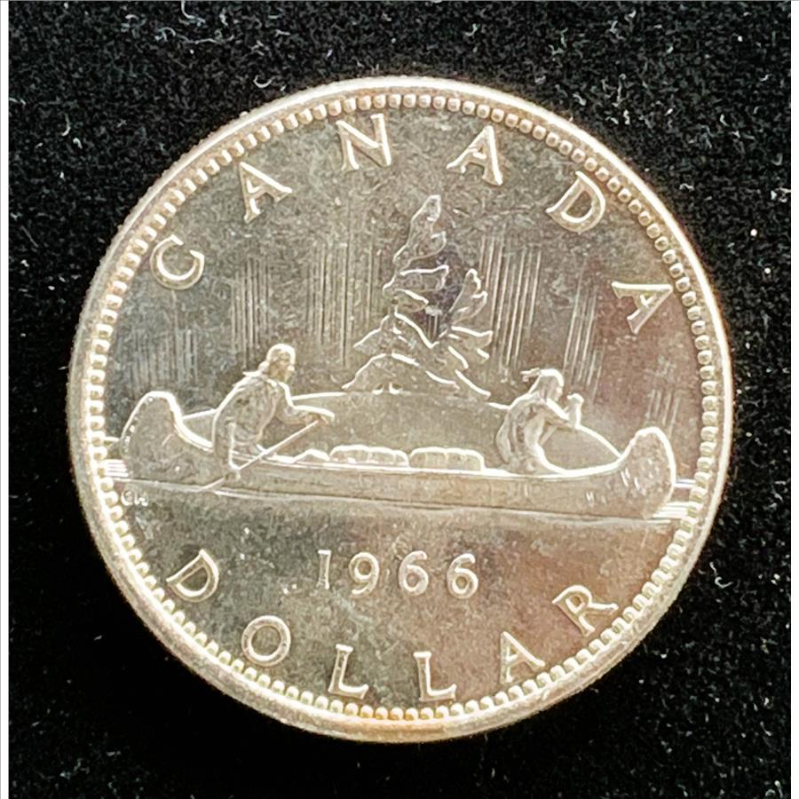 1966 SILVER ONE DOLLAR, CANADA CANOE IN THE RAIN, BU SHINY COIN ...