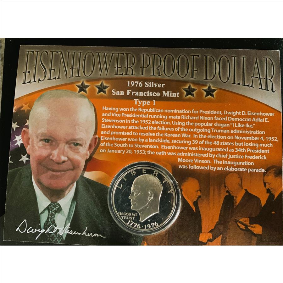 1976-S TYPE 1, SILVER PROOF EISENHOWER DOLLAR COIN, FIRST COMMEMORATIVE MINT SEALED UNCIRCULATED ...