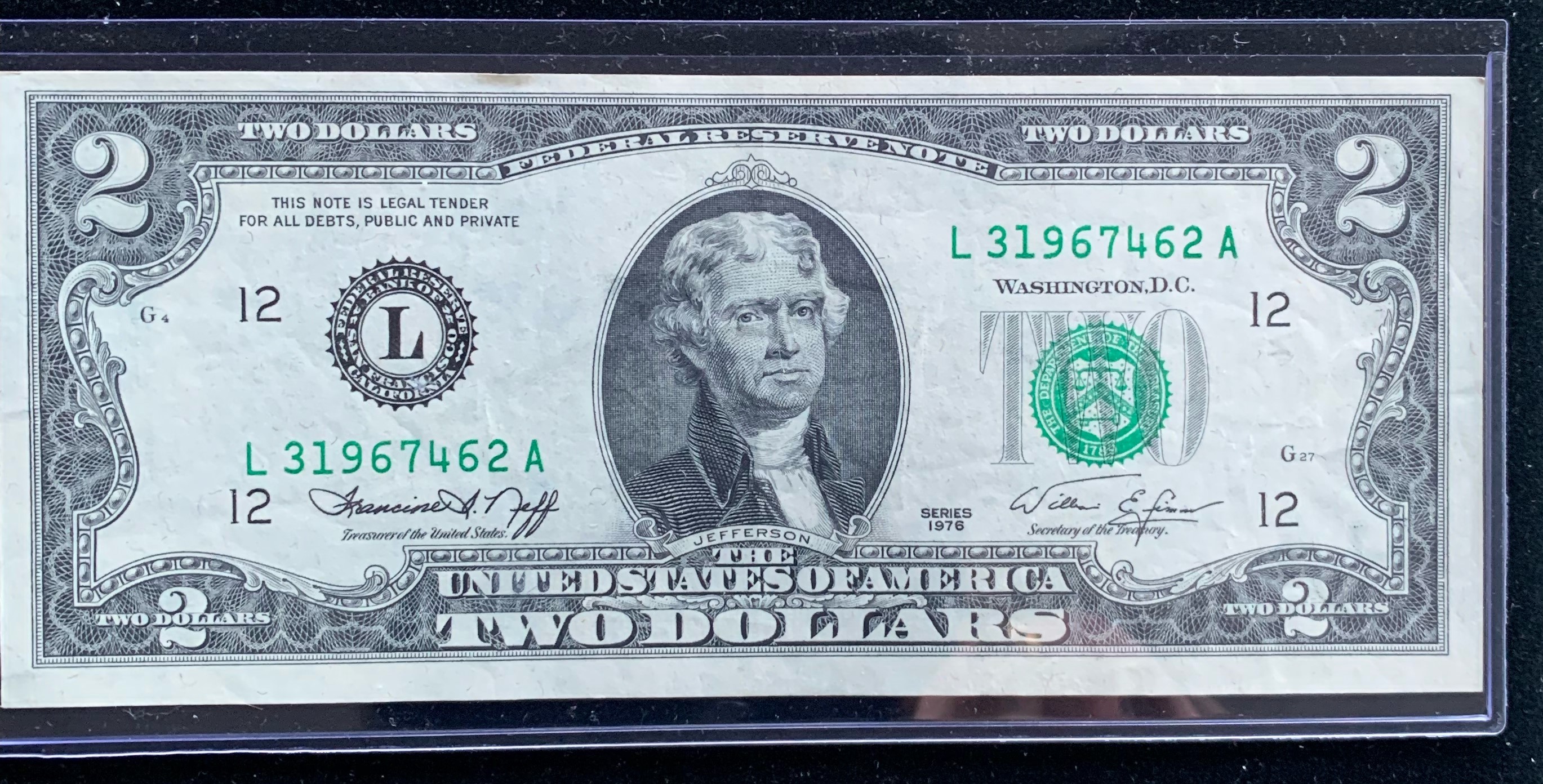 1976 SERIES $2 DOLLAR FEDERAL RESERVE NOTE, INTRODUCED IN CELEBRATION ...