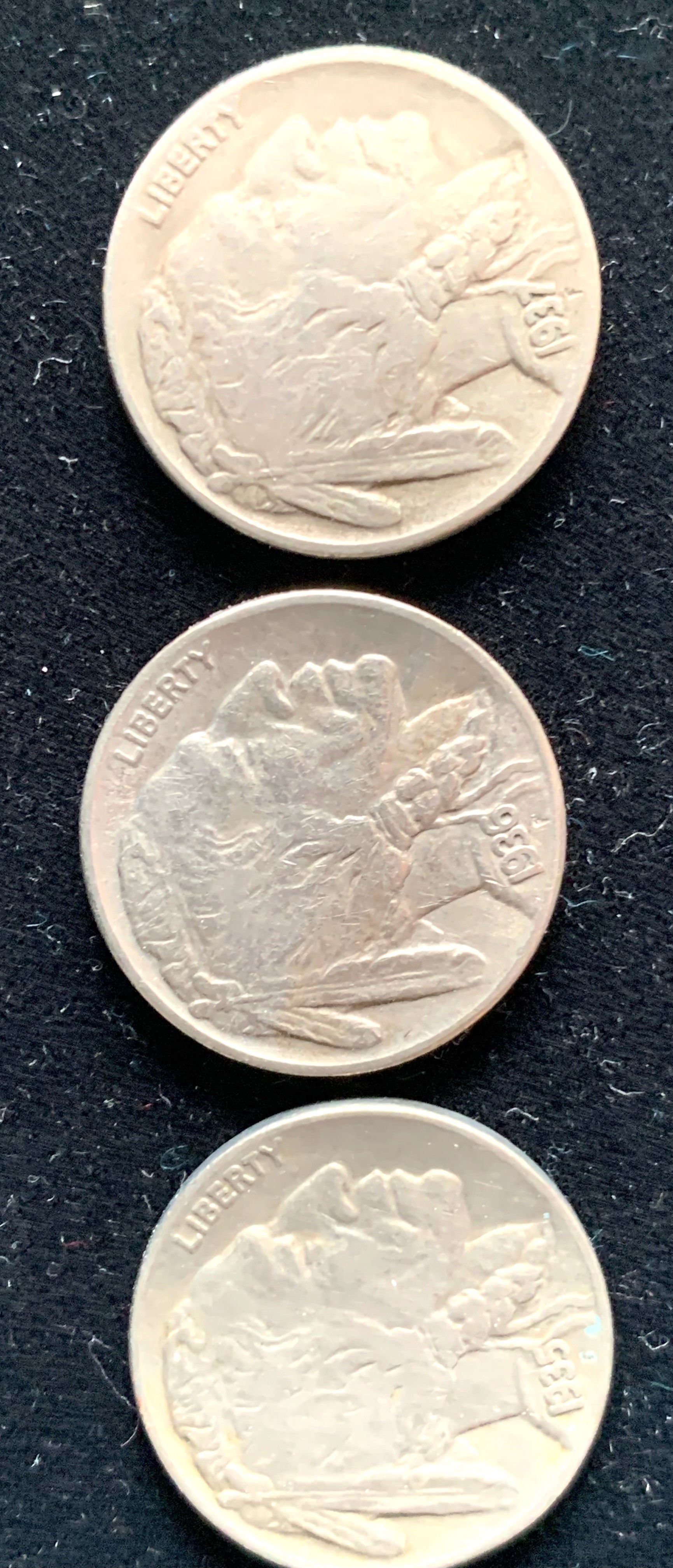 Lot of 3 Buffalo Nickels 1935-S,m 1936-S, 1937-D Really Nice Condition ...