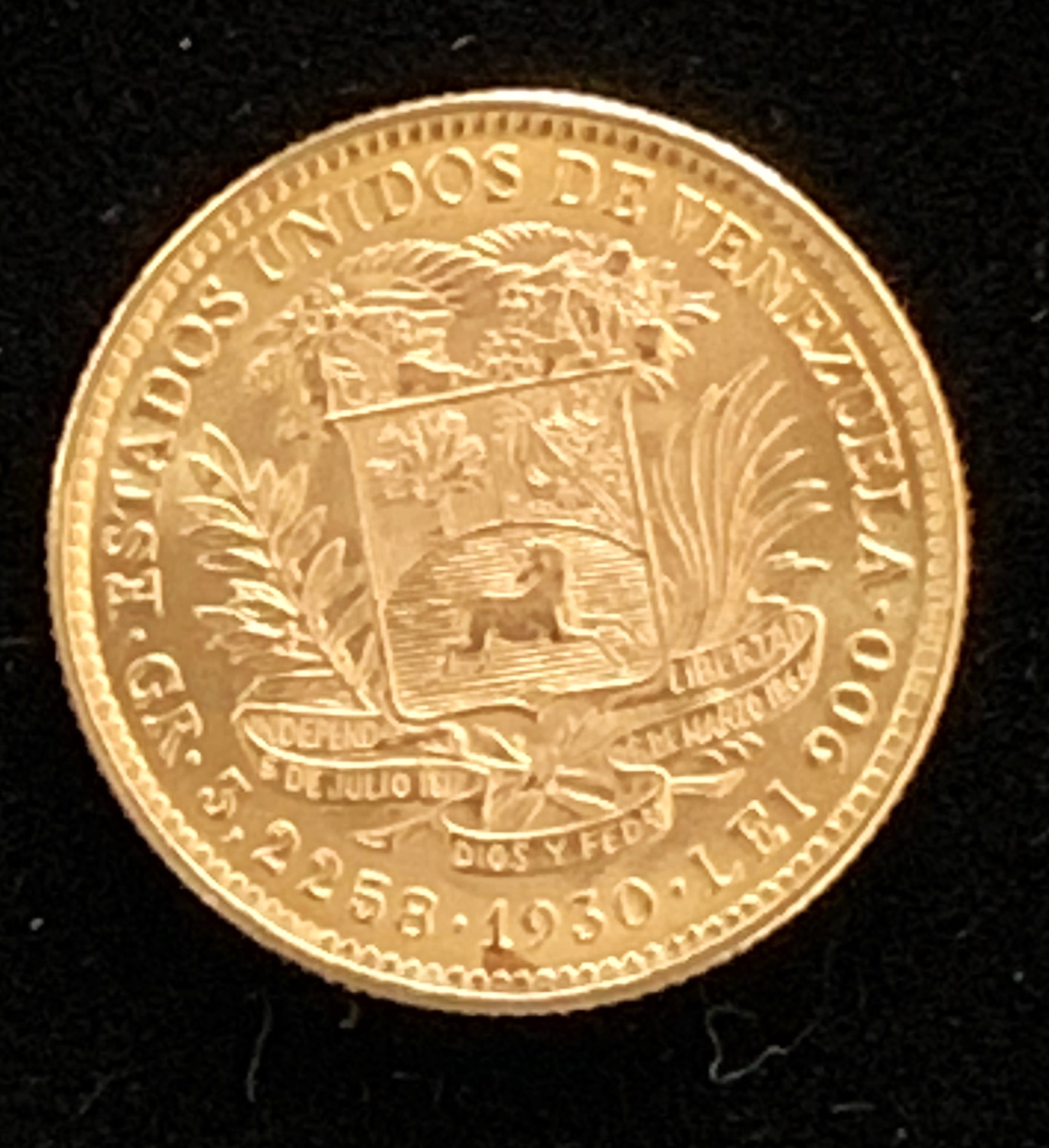 GOLD VENEZUELA 1930 10 BOLIVARES BRILLIANT UNCIRCULATED .900 FINE GOLD ...