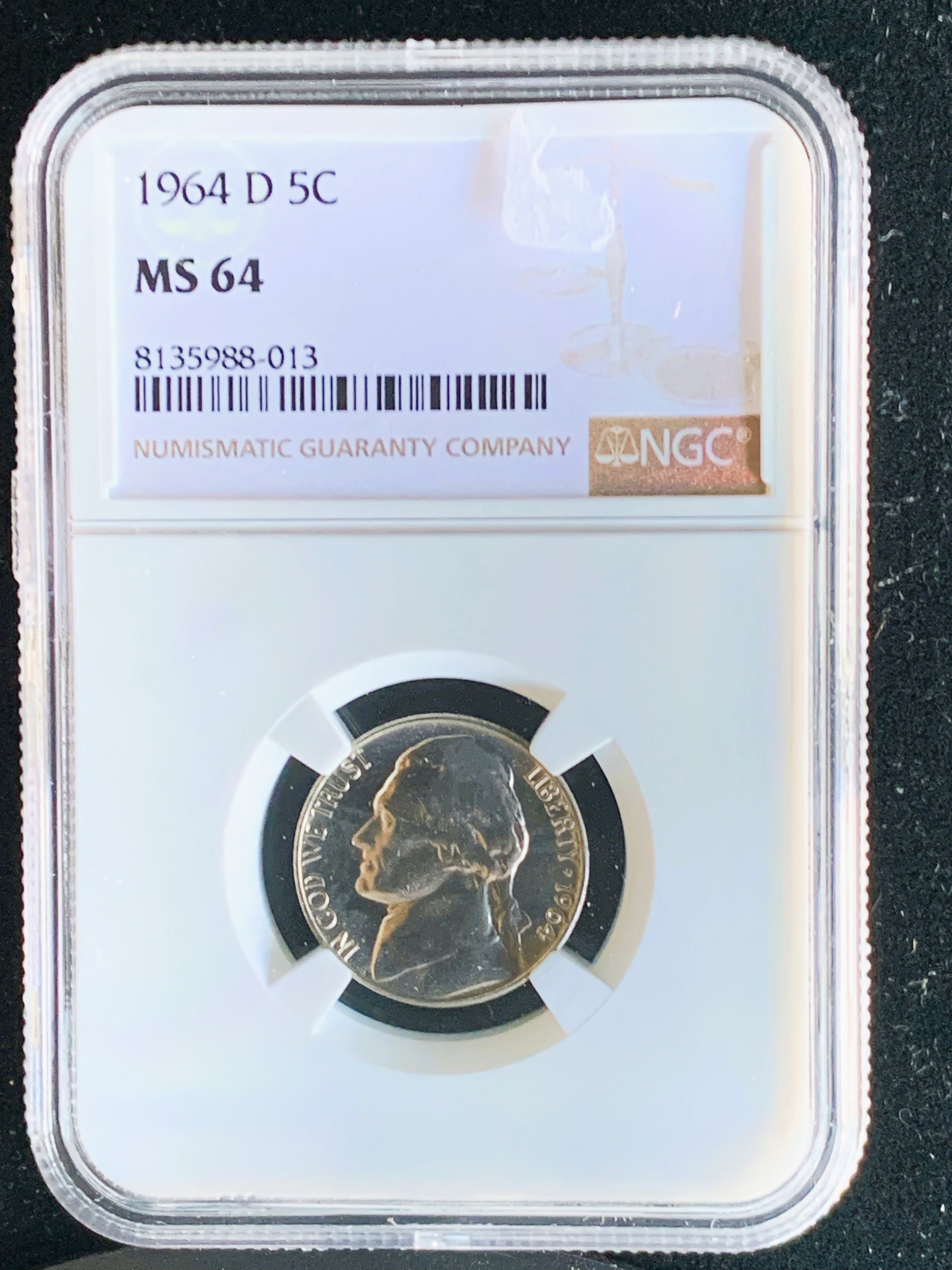 1964-D 5C NICKEL COIN, NGC GRADED MS 64 IN THE SLAB | Property Room