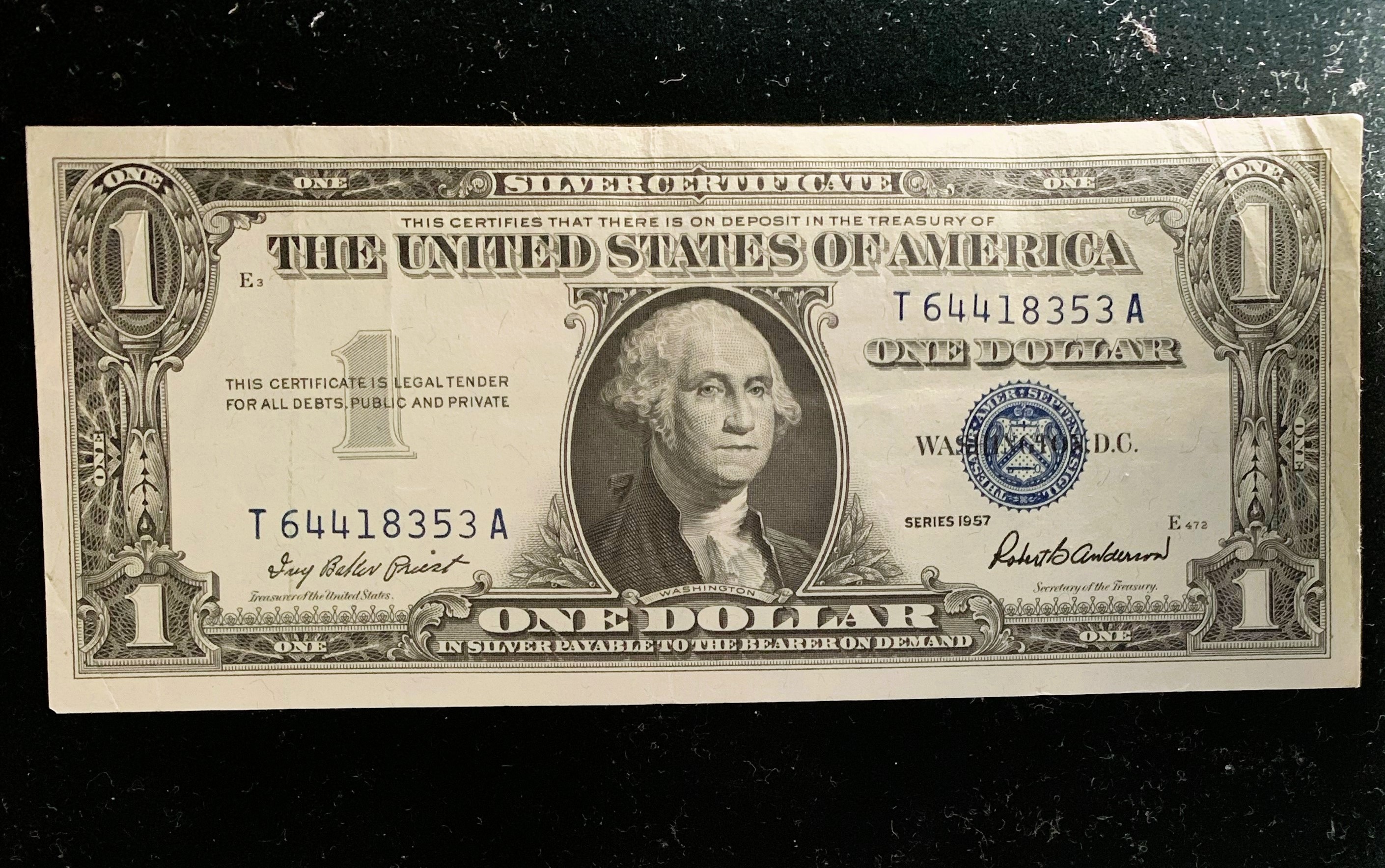 SILVER CERTIFICATE SERIES 1957, CRISP ONE DOLLAR NOTE, VG CONDITION ...