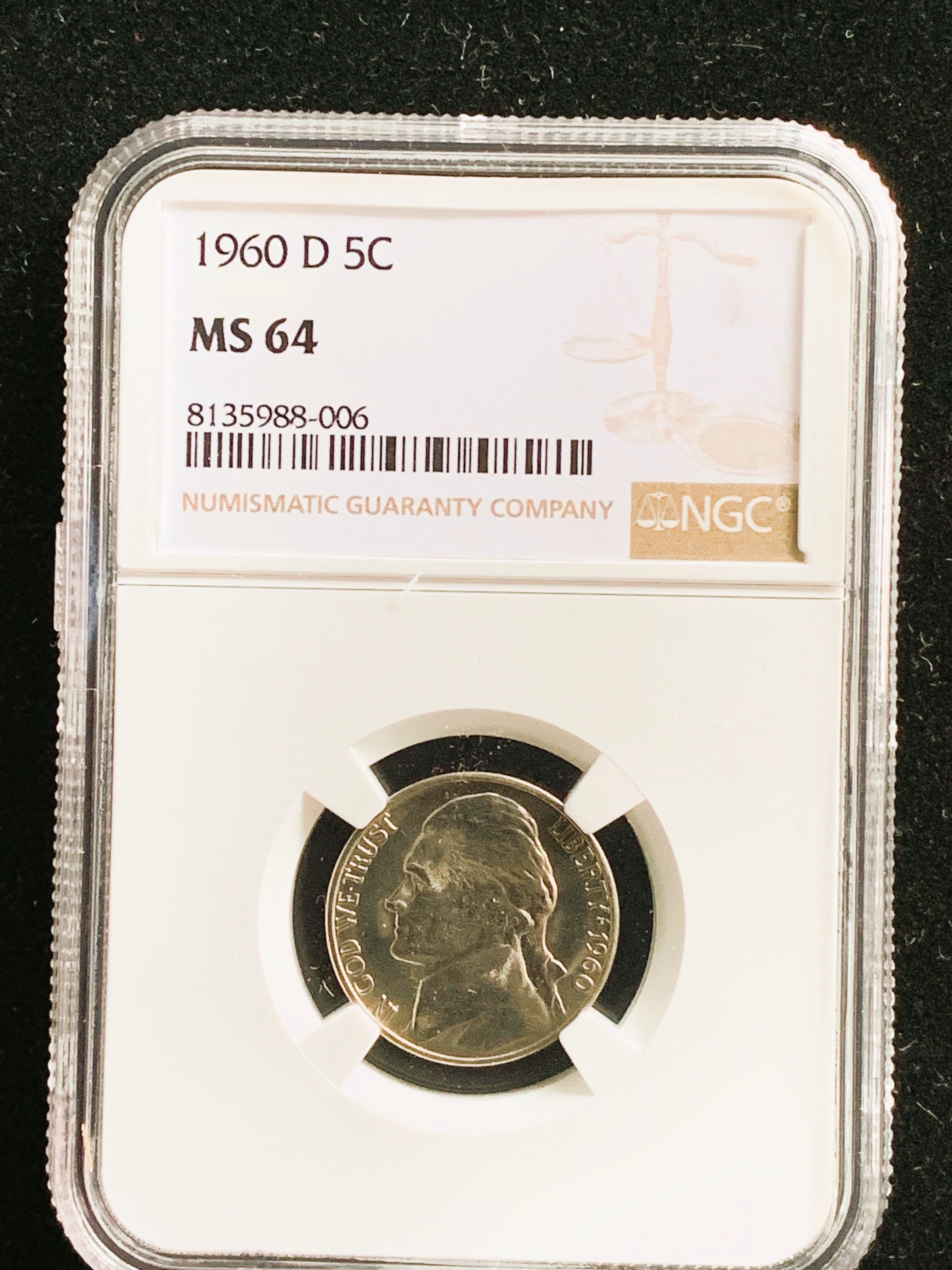 1960-D 5C JEFFERSON COIN, NGC GRADED MS 64 IN THE SLAB | Property Room