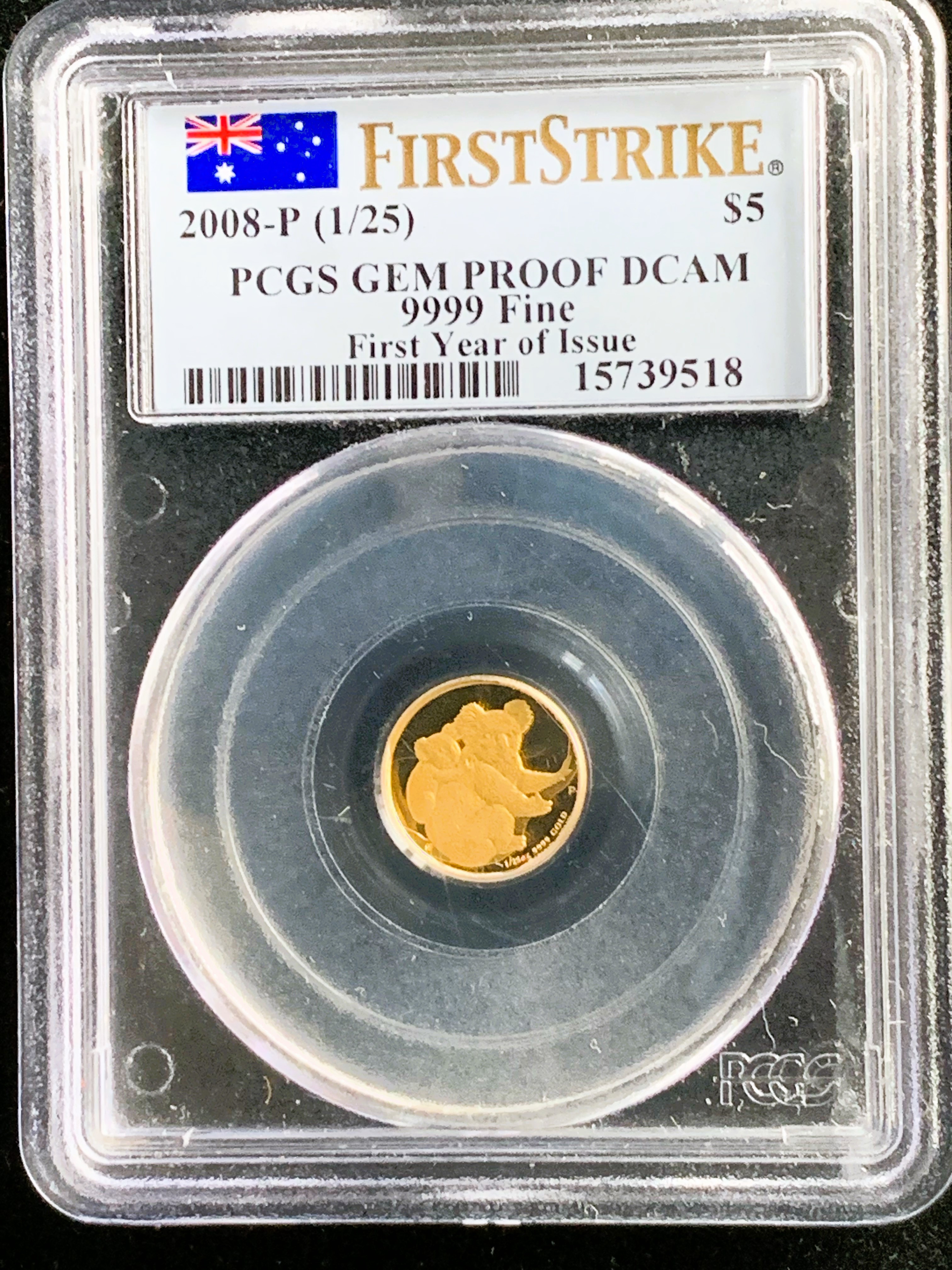 GOLD, 2008-P $5 DOLLAR FIRST STRIKE, PCGS GRADED GEM PROOF DCAM 9999 ...