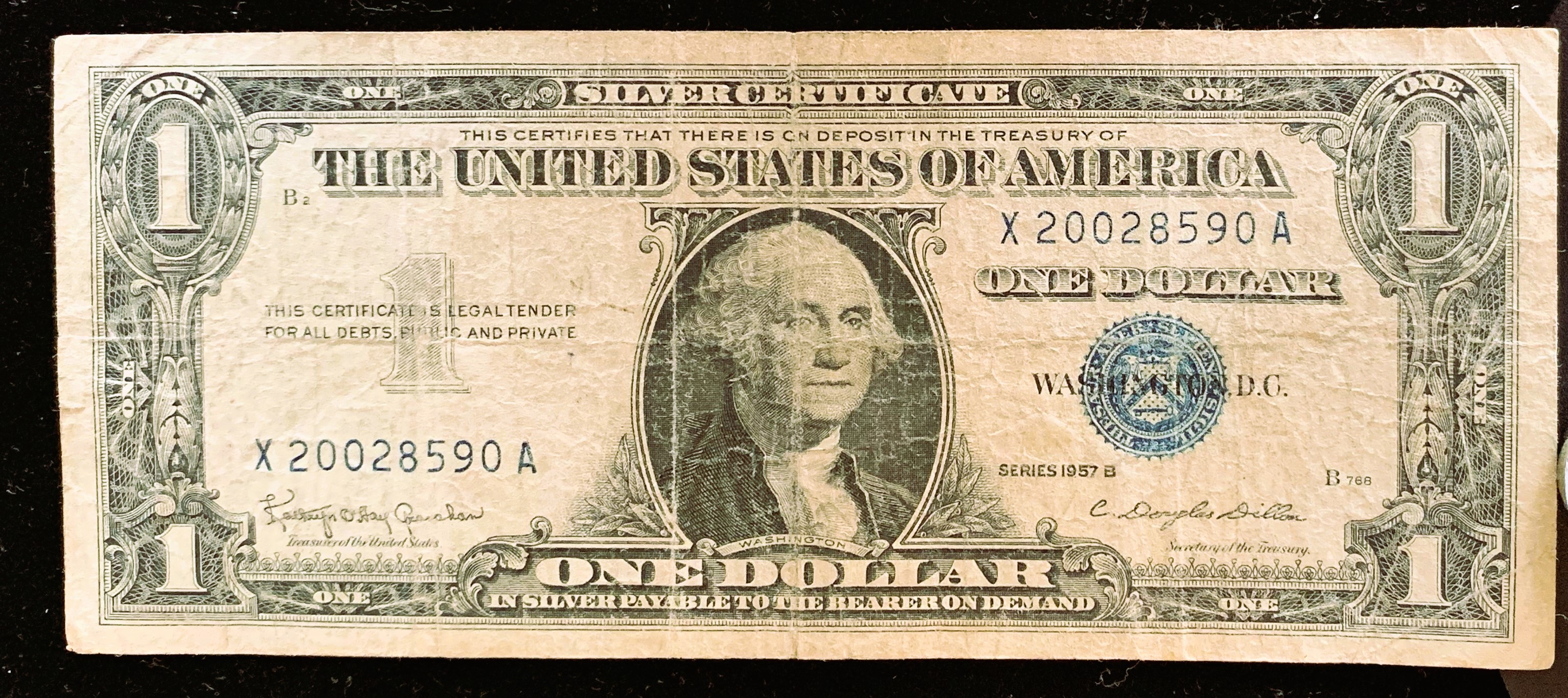 SILVER CERTIFICATE SERIES 1957 B, $1 DOLLAR NOTE, BLUE SEAL, IN SLEVE ...