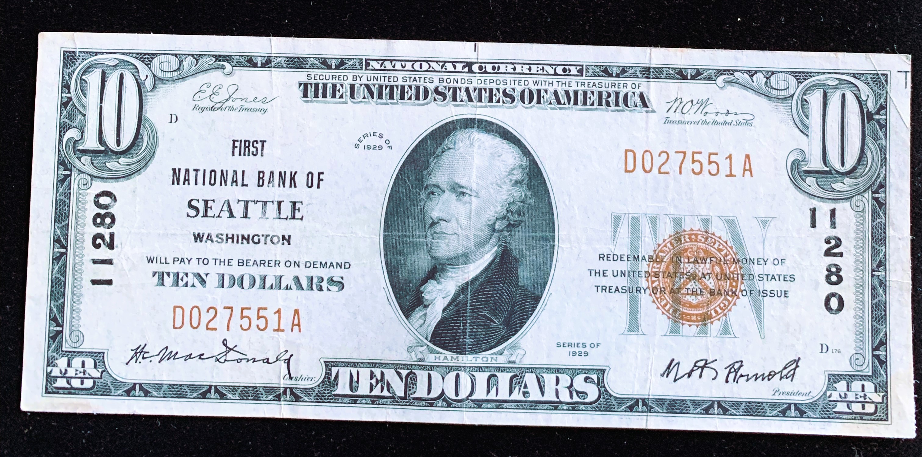 1929 SERIES $10 DOLLAR NATIONAL CURRENCY NOTE SECURED BY US BONDS ...