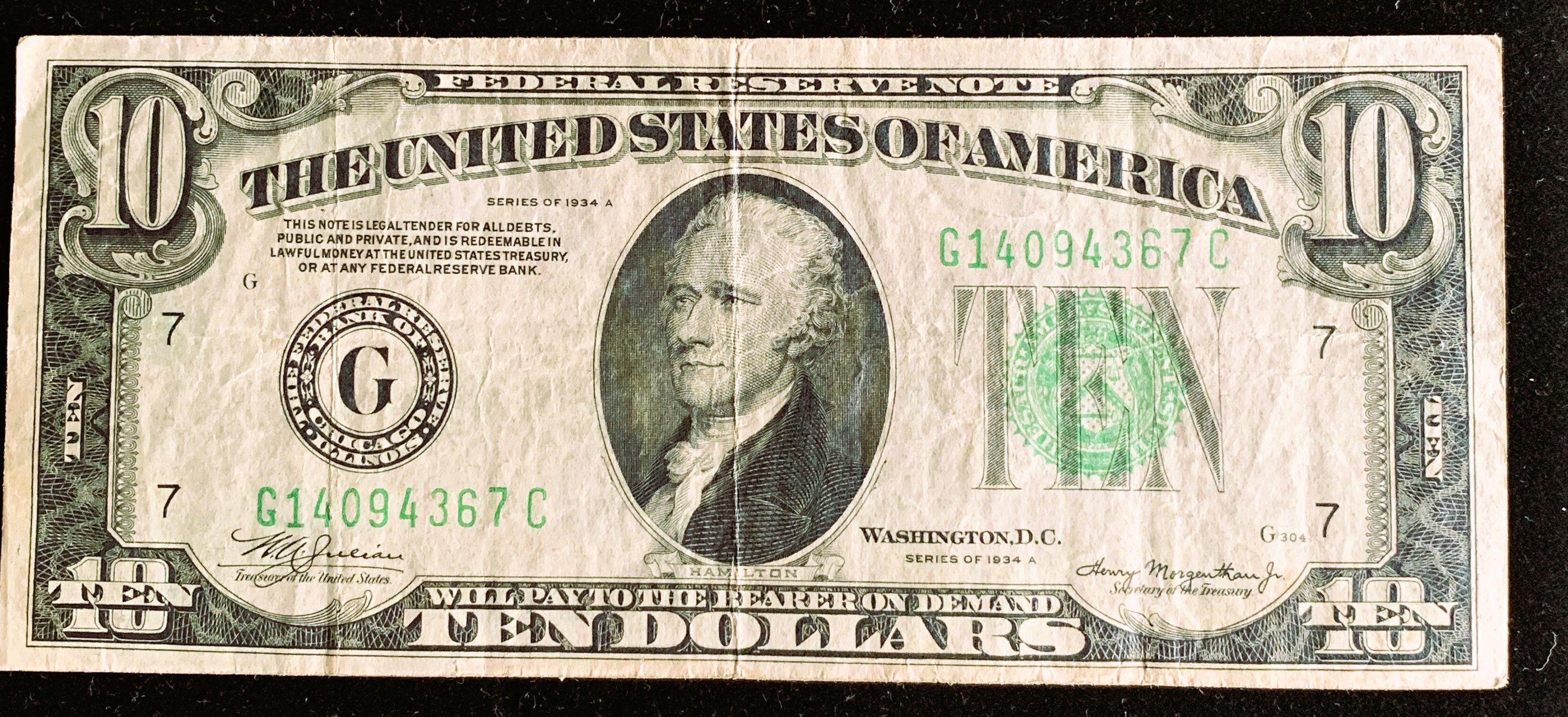 1934-A SERIES $10 DOLLARS FEDERAL RESERVE NOTE, GREEN LABEL, IN NICE ...