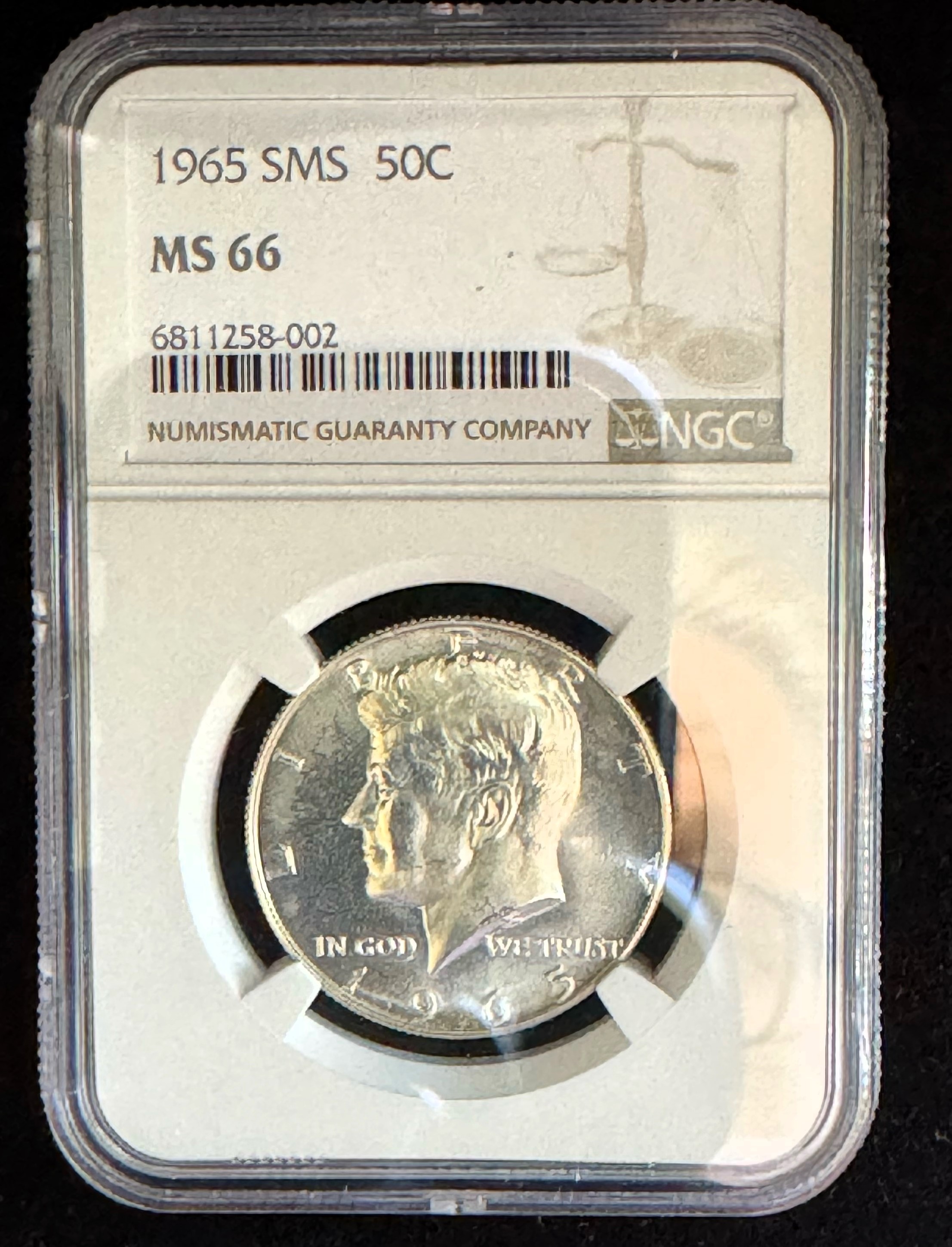 1965 SMS 50C NGC GRADED MS 66 KENNEDY SILVER COIN IN THE SLAB ...