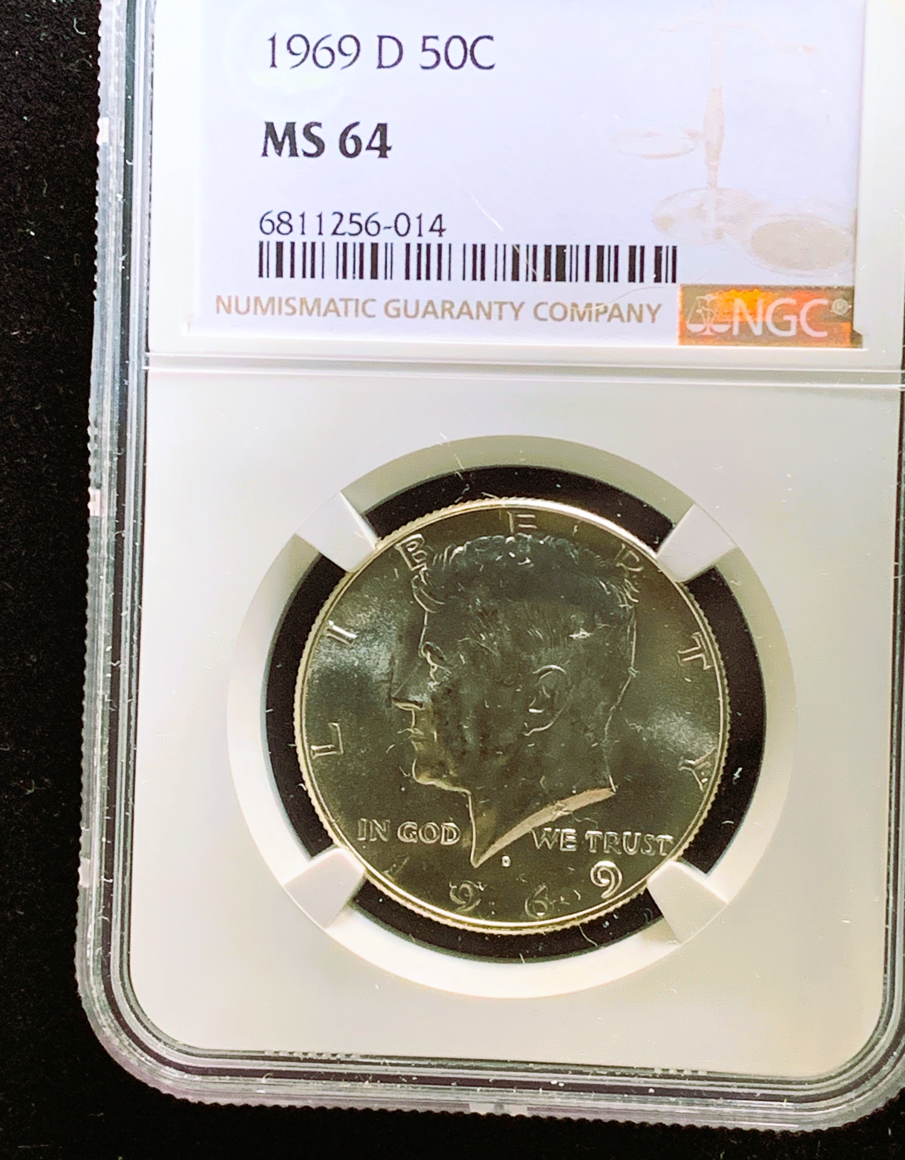 1969-D 50C KENNEDY NGC GRADED MS 64, BRIGHT LUSTER COIN IN THE SLAB ...