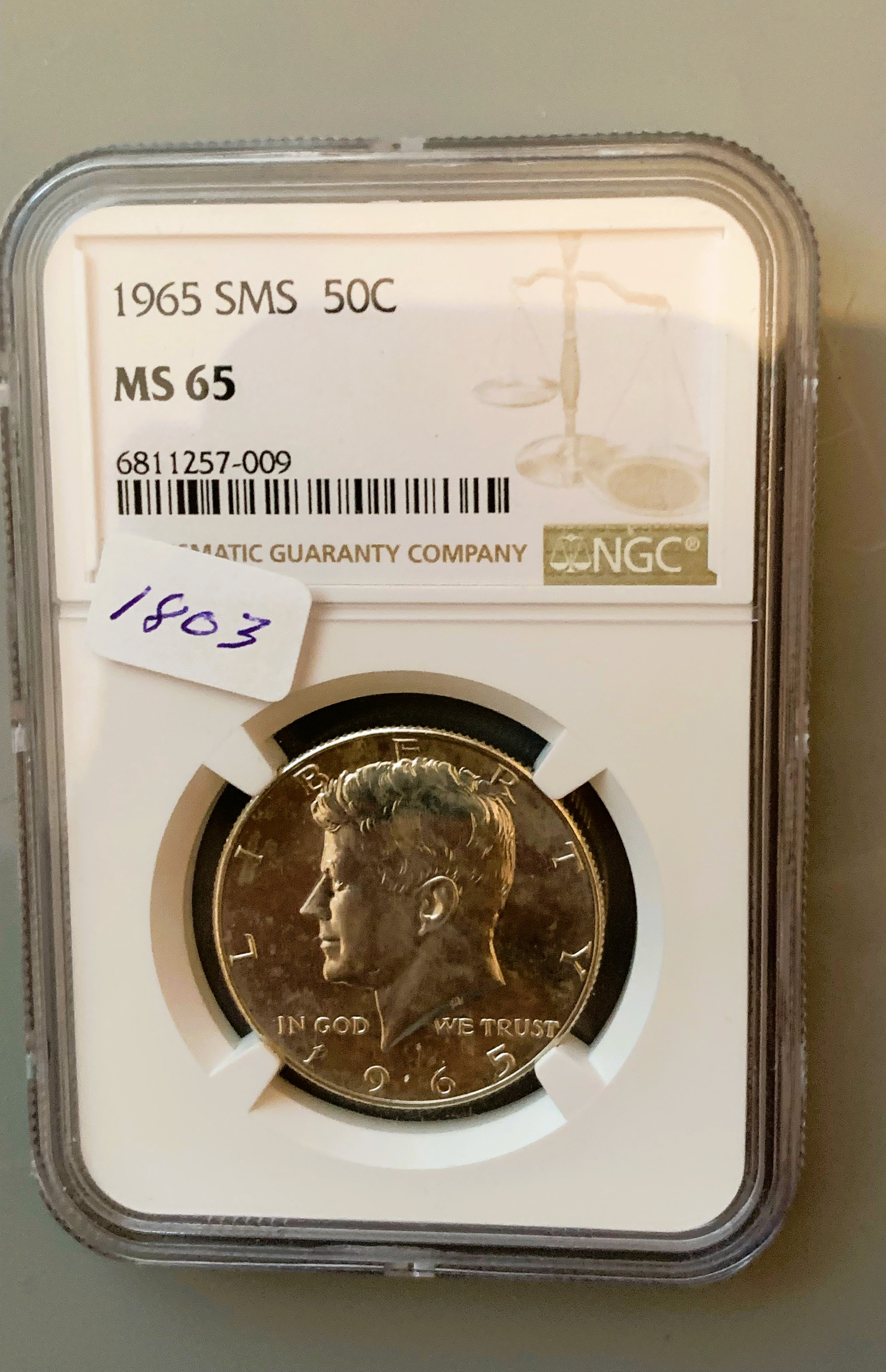 1965 SMS 50C NGC GRADED MS 65 KENNEDY SILVER COIN IN THE SLAB ...