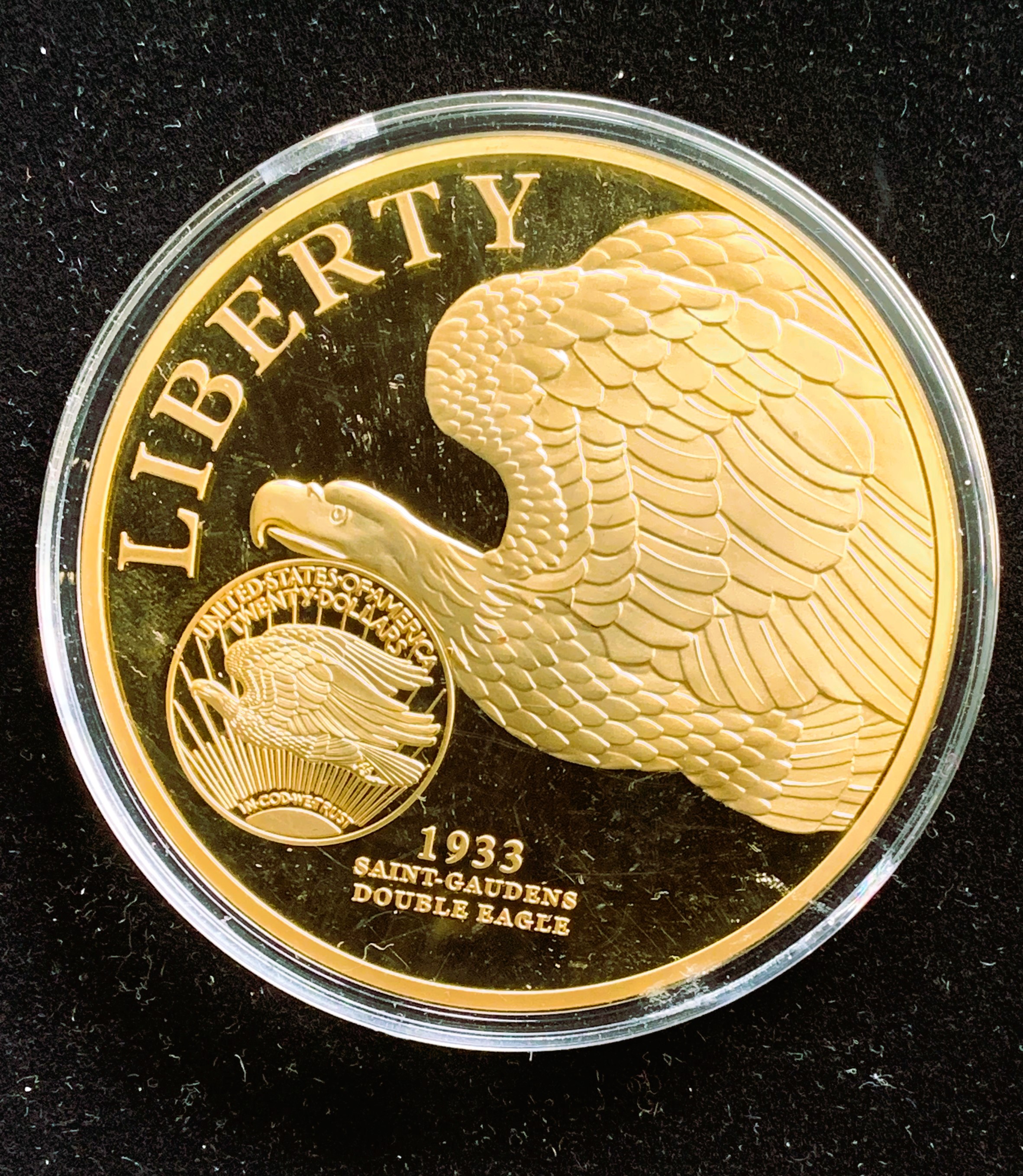 1933 SAINT GAUDENS TRIBUTE, GOLD LAYERED JUMBO COIN, @ 3" DIAMETER IN ...
