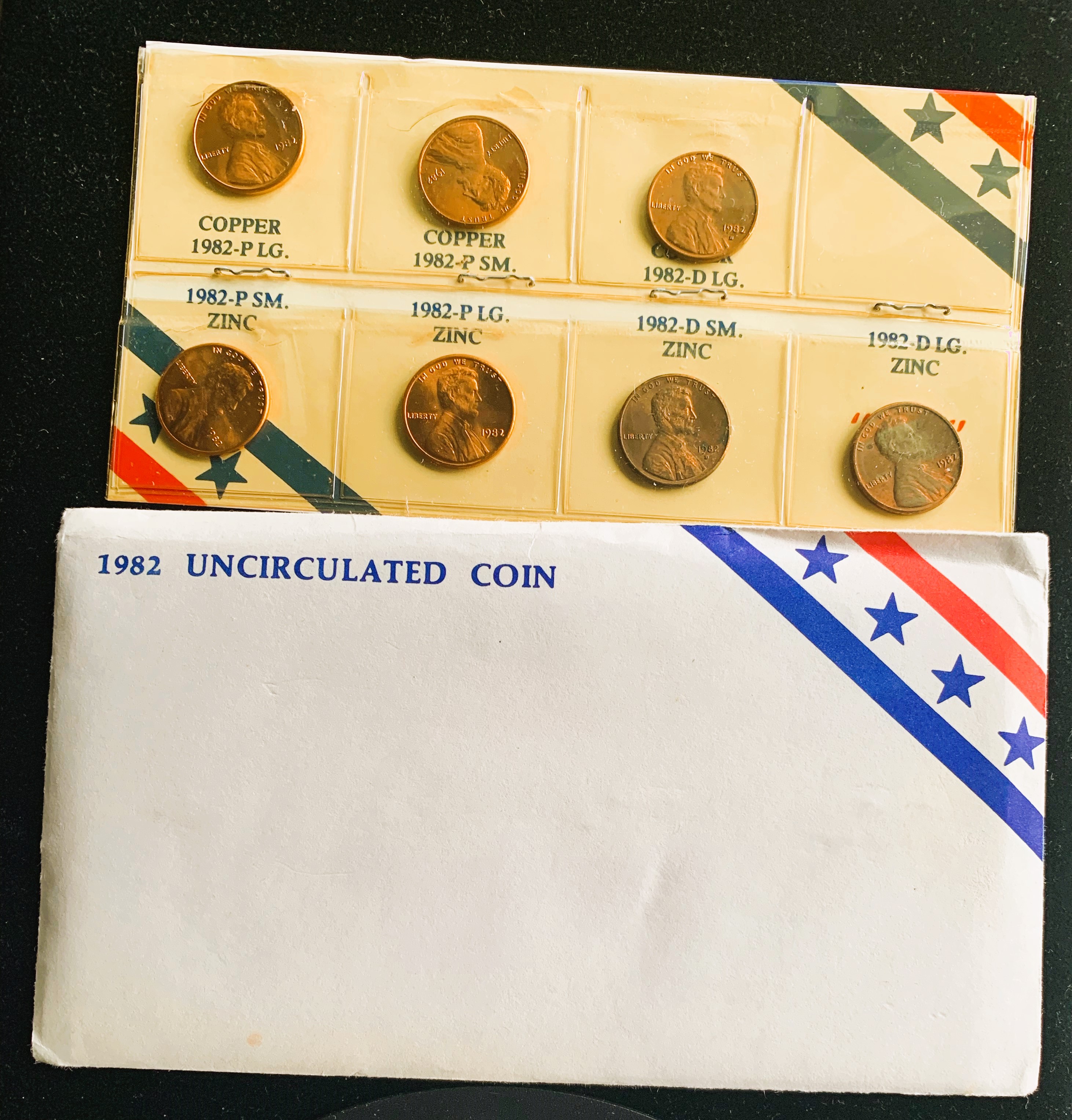1982 LINCOLN CENT UNCIRCULATED COIN SET, P & D, SM & LG DATES, COPPER ...
