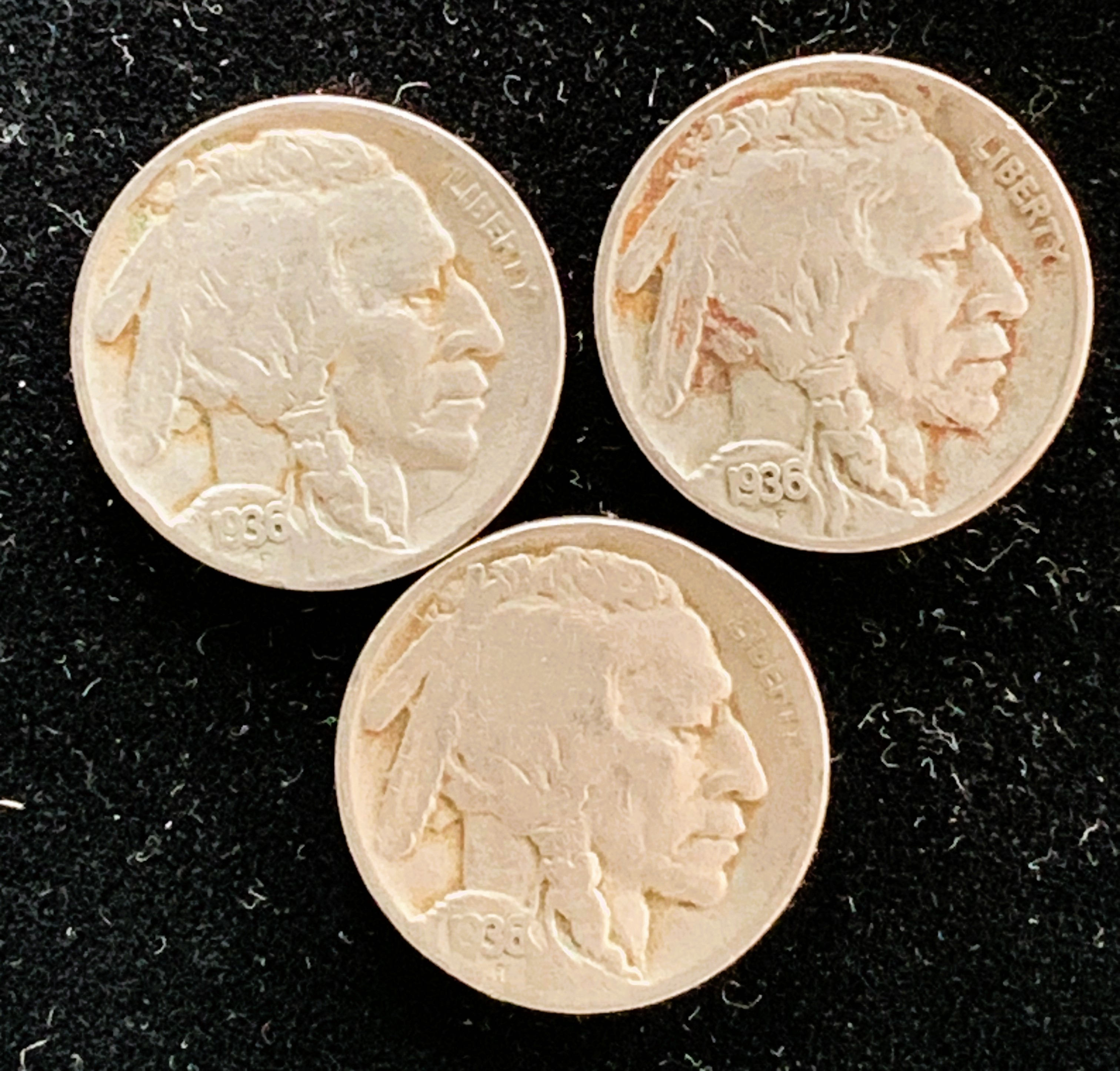 BUFFALO NICKEL SET OF 3, 1936, 1936-D, 1936-S, ALL NICE COINS ...
