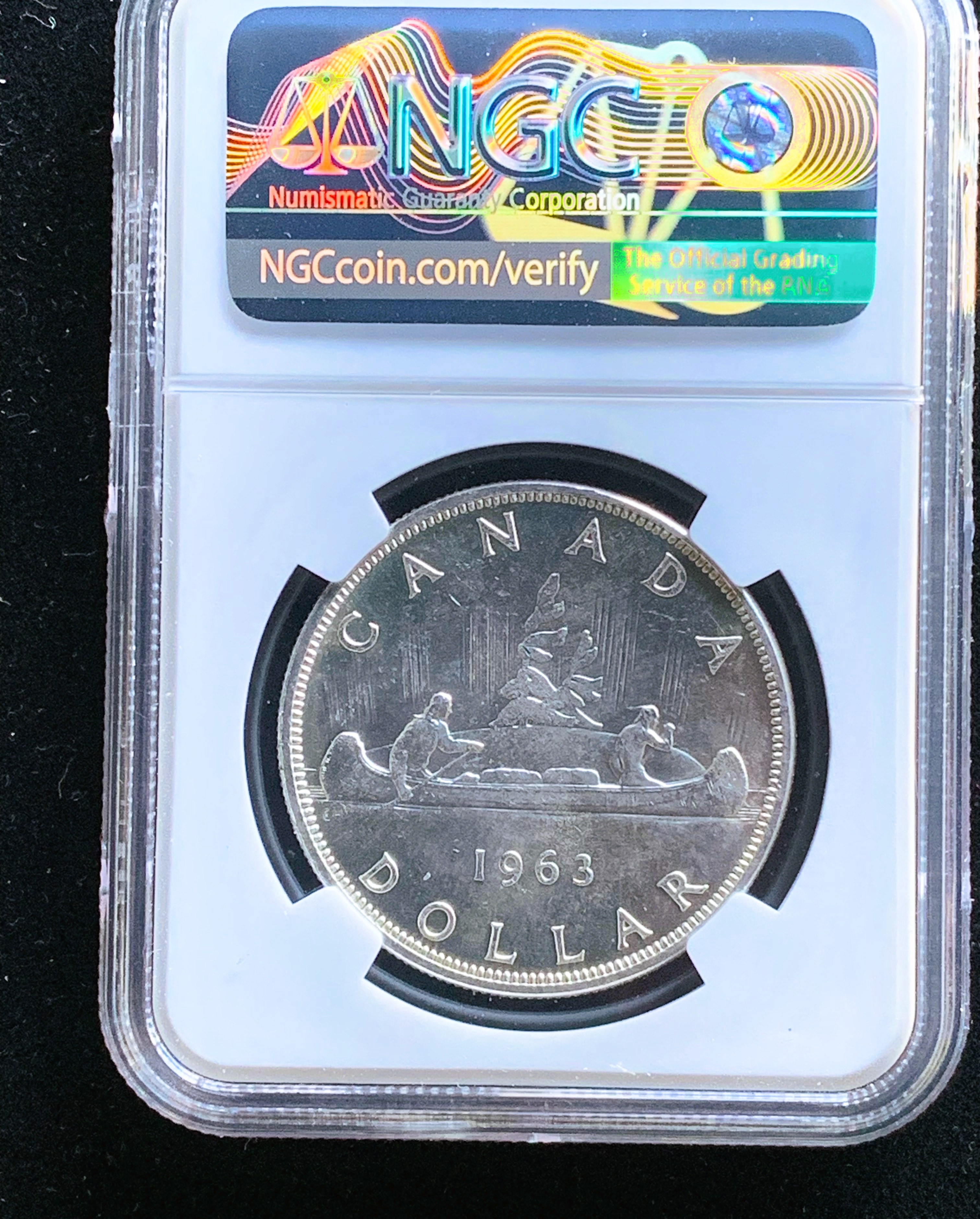 1963 SILVER NGC GRADED MS 63 CANADA $1 IN THE SLAB, CANOE IN THE RAIN ...