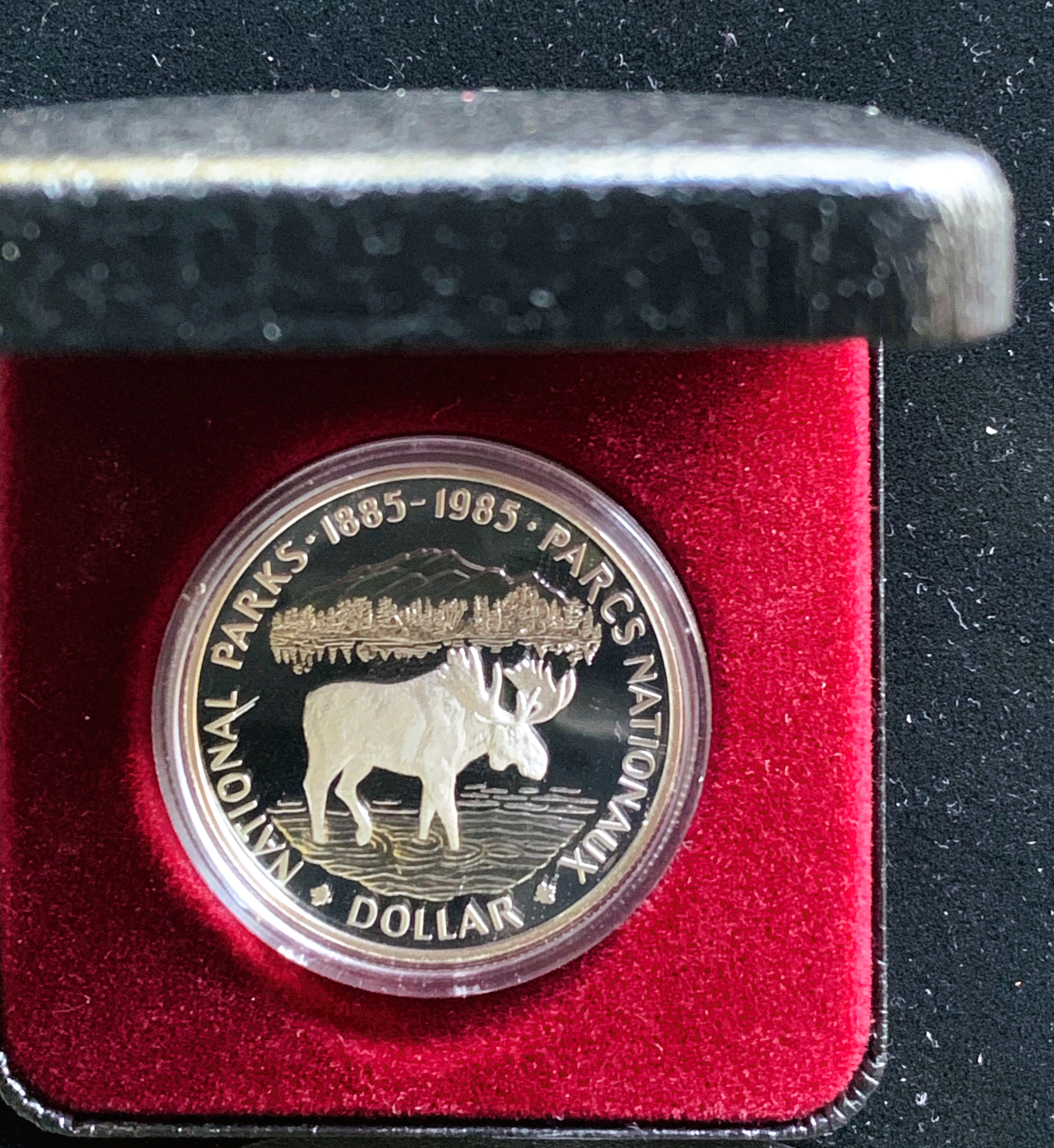 1985 CANADA SILVER DOLLAR PROOF COIN (NATIONAL PARKS MOOSE) IN ORIG ...