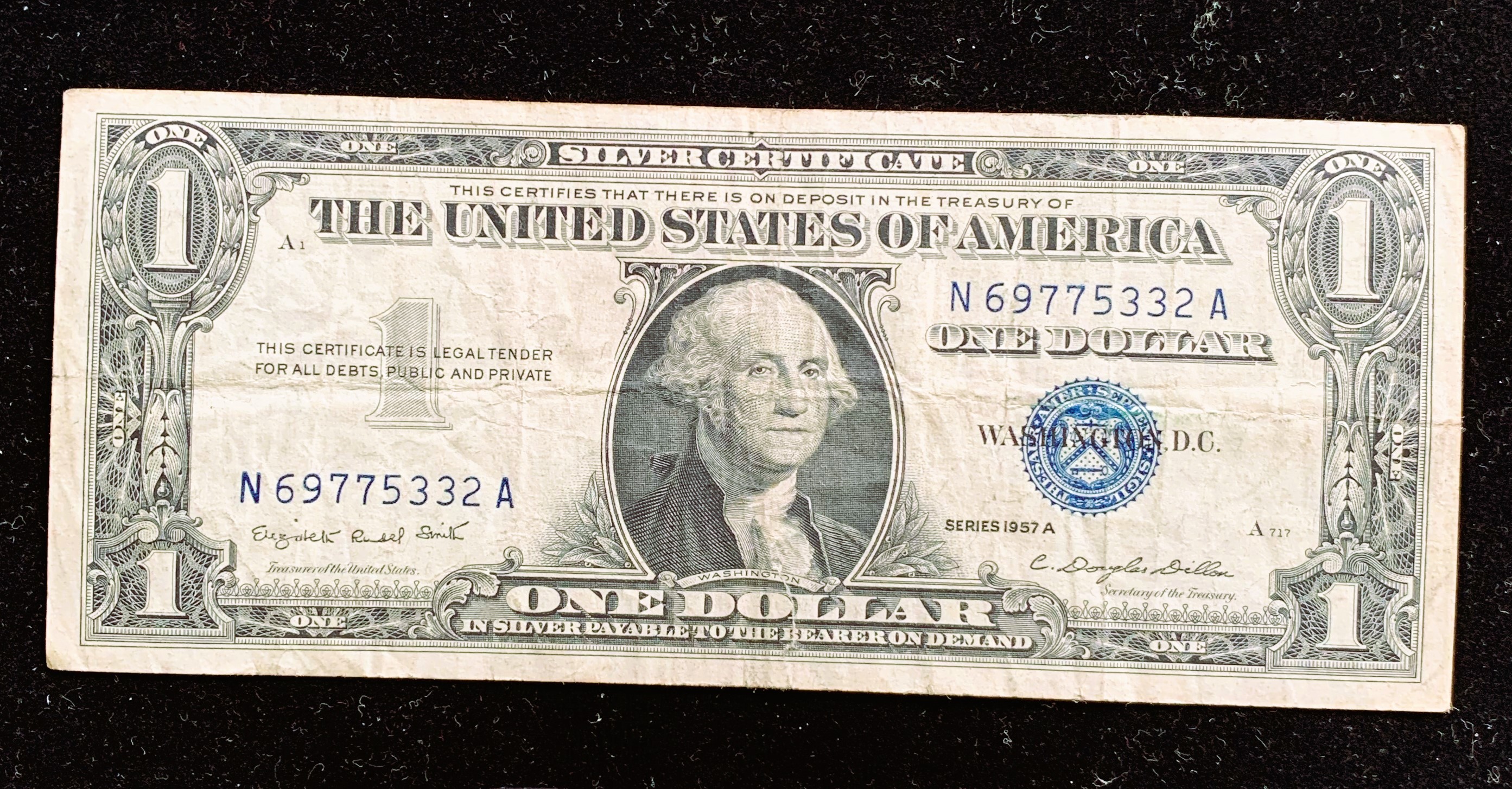 SILVER CERTIFICATE SERIES 1957 A , $1 DOLLAR NOTE, BLUE SEAL, IN SLEVE ...