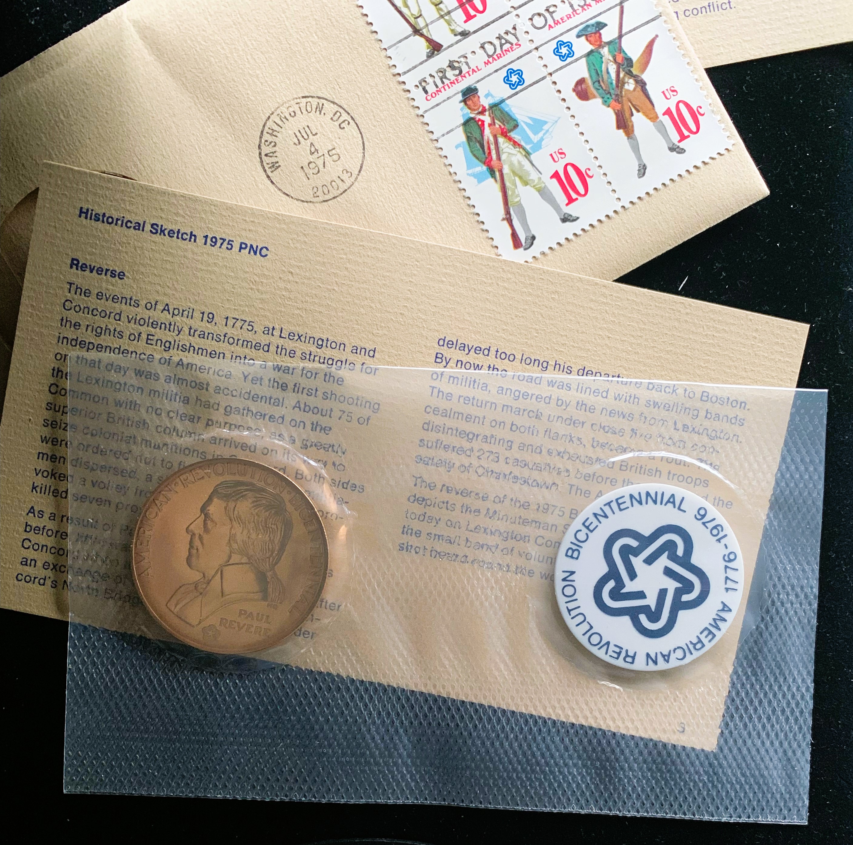1975 BICENTENNIAL FIRST DAY ISSUE, COPPER COIN & STAMPED ENV, PAPERWORK ...