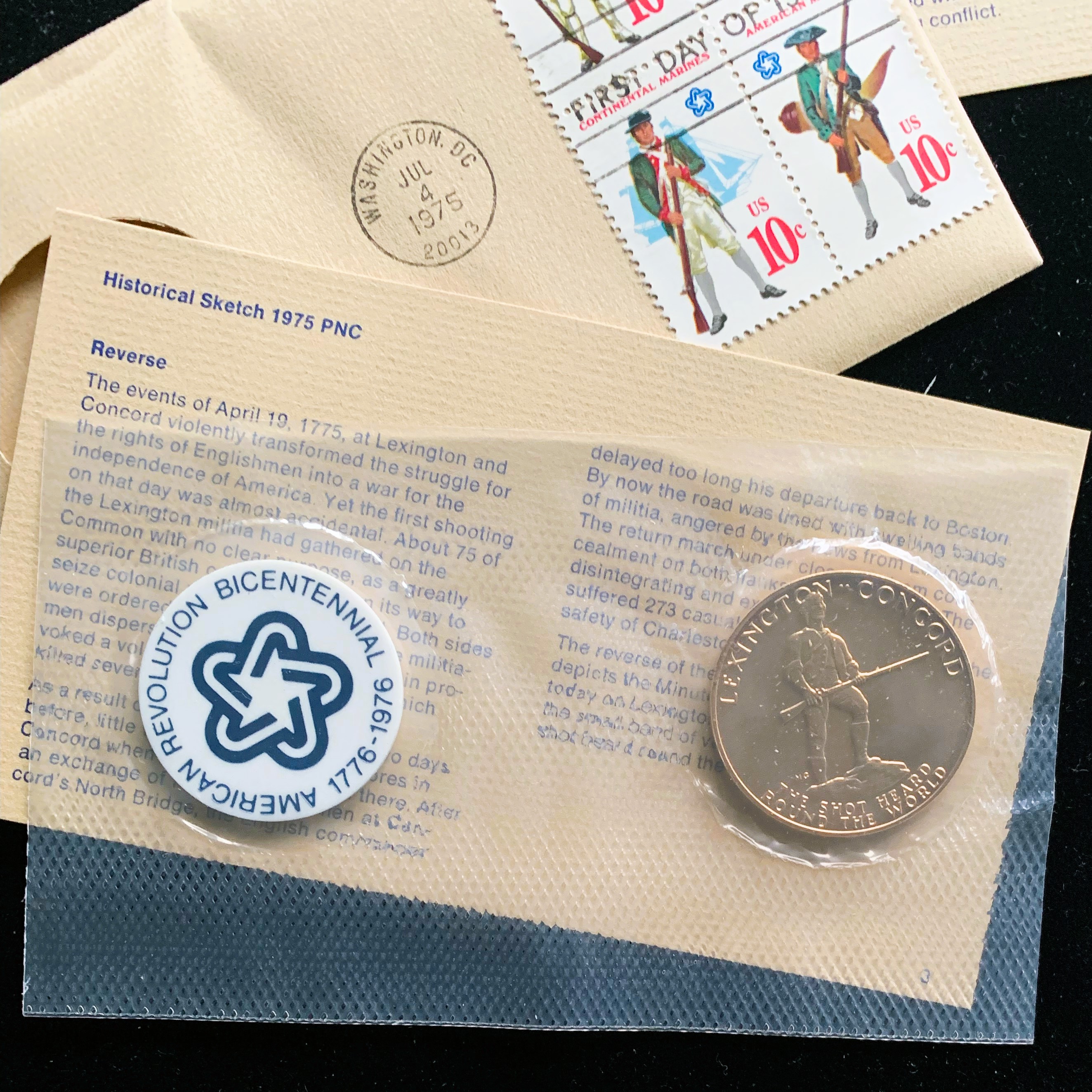 1975 BICENTENNIAL FIRST DAY ISSUE, COPPER COIN & STAMPED ENV, PAPERWORK ...