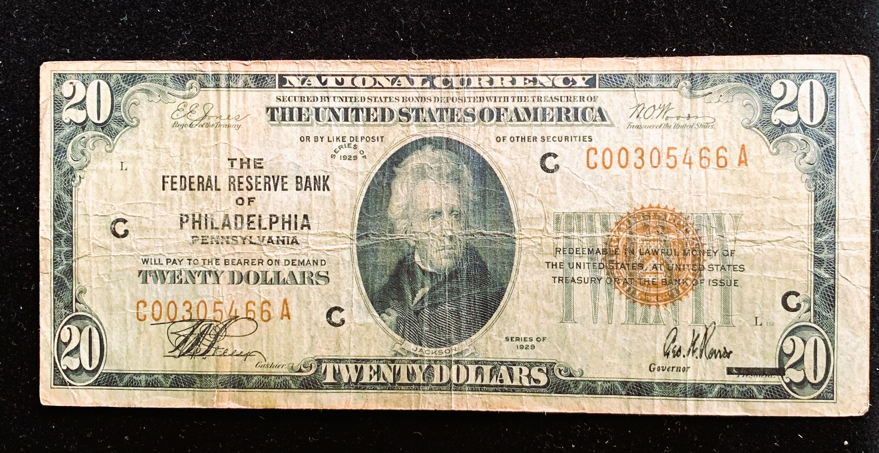 1929 SERIES $20 DOLLAR NATIONAL CURRENCY, NOTE SECURED BY US BONDS ...