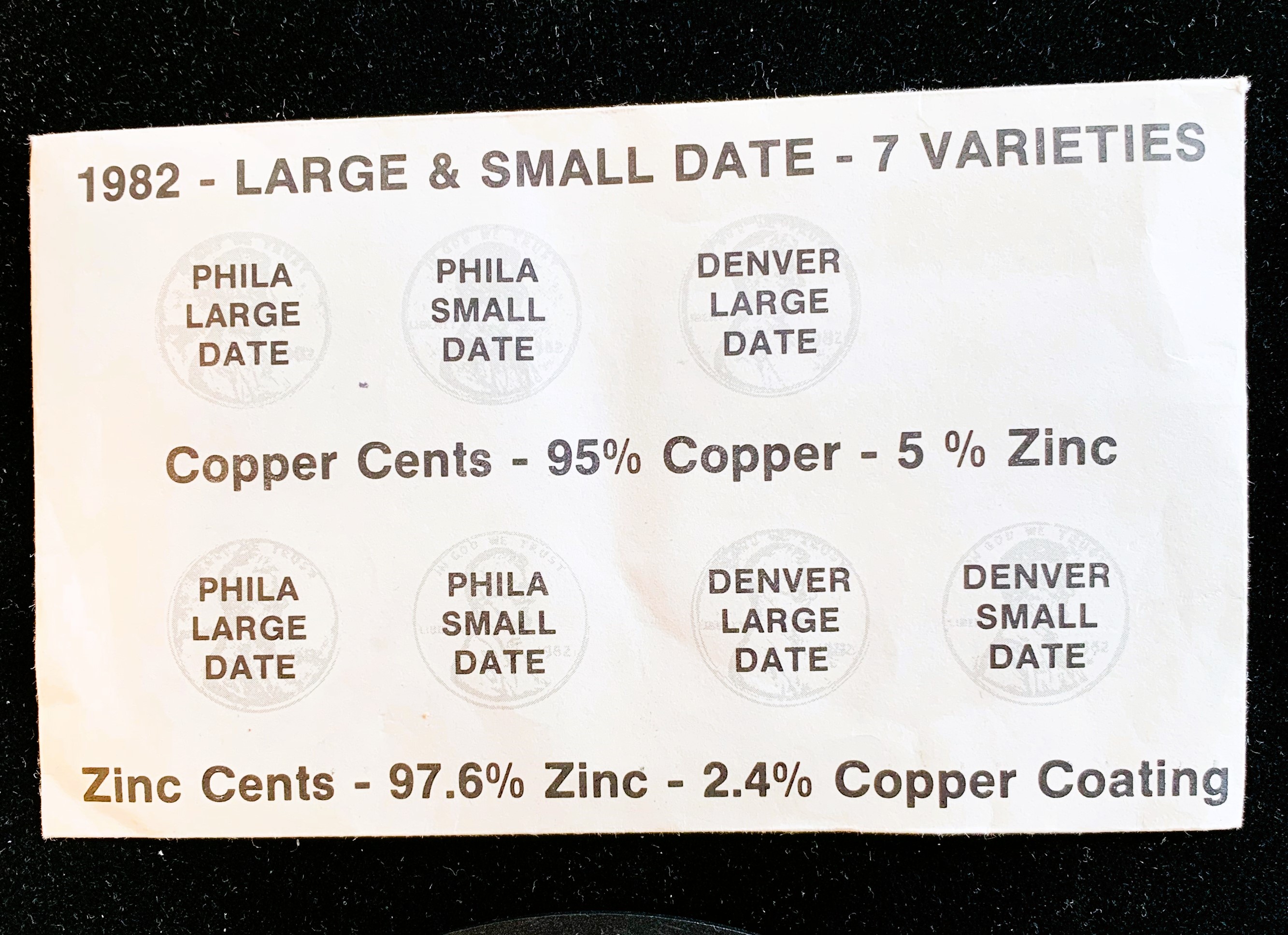 1982 LINCOLN CENT 7 VARIETY SET SMALL & LARGE DATES COINS BU IN ...
