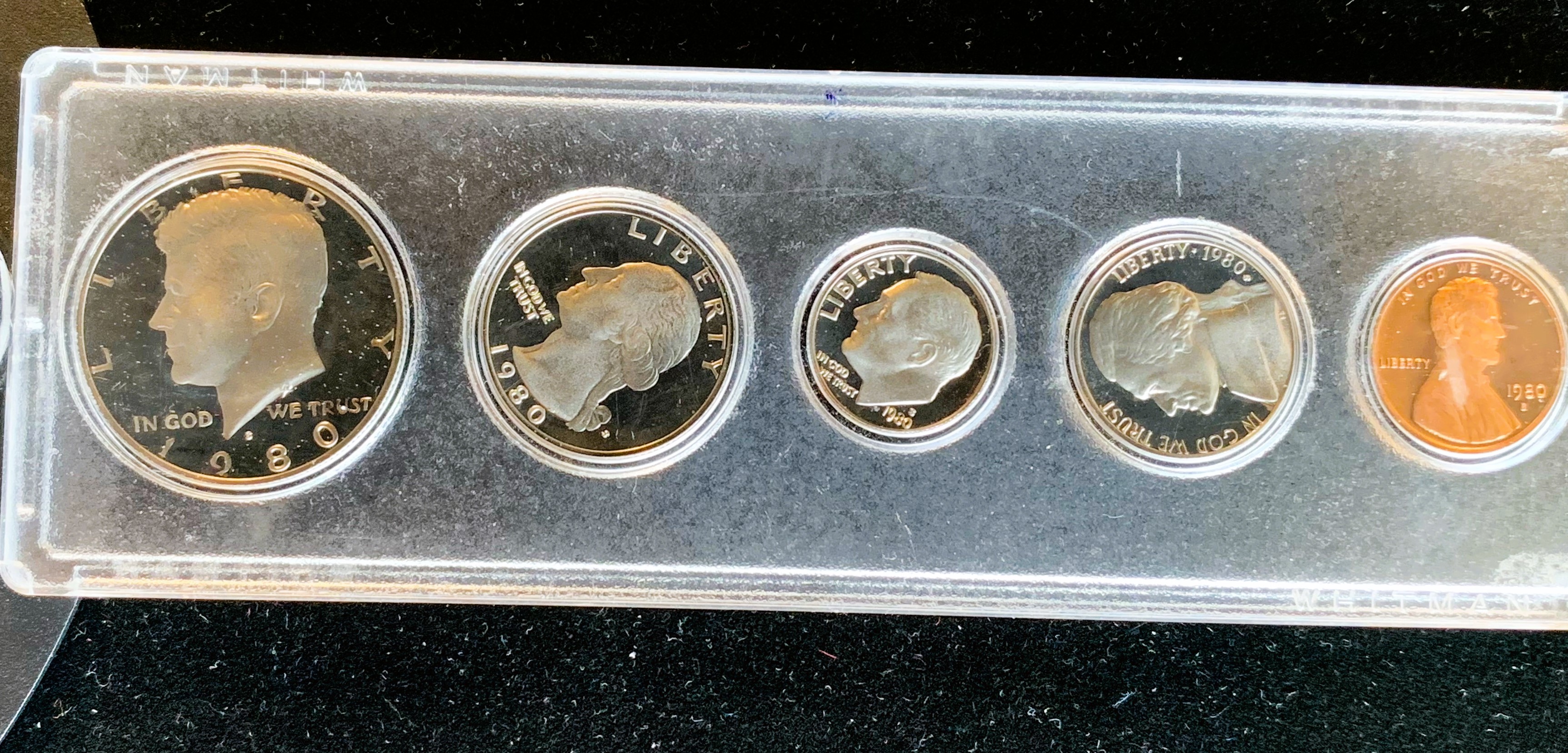 1980-S KENNEDY SILVER PROOF SET, 5 COINS, ALL BU PROOFS IN CASE ...