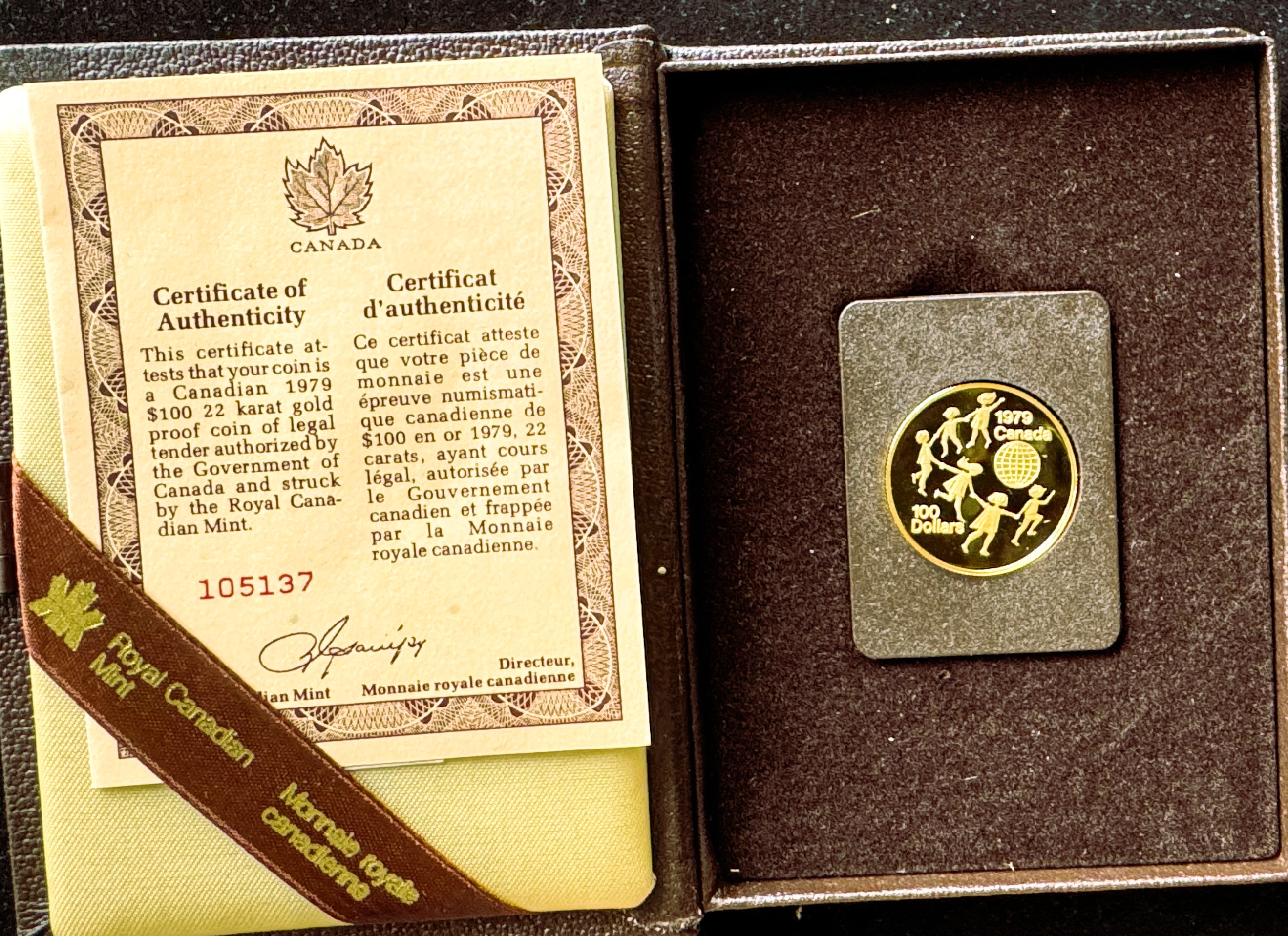 GOLD, $100 DOLLAR 1979 CANADIAN 22K PROOF-LIKE GOLD COIN, IN RCM OGP ...