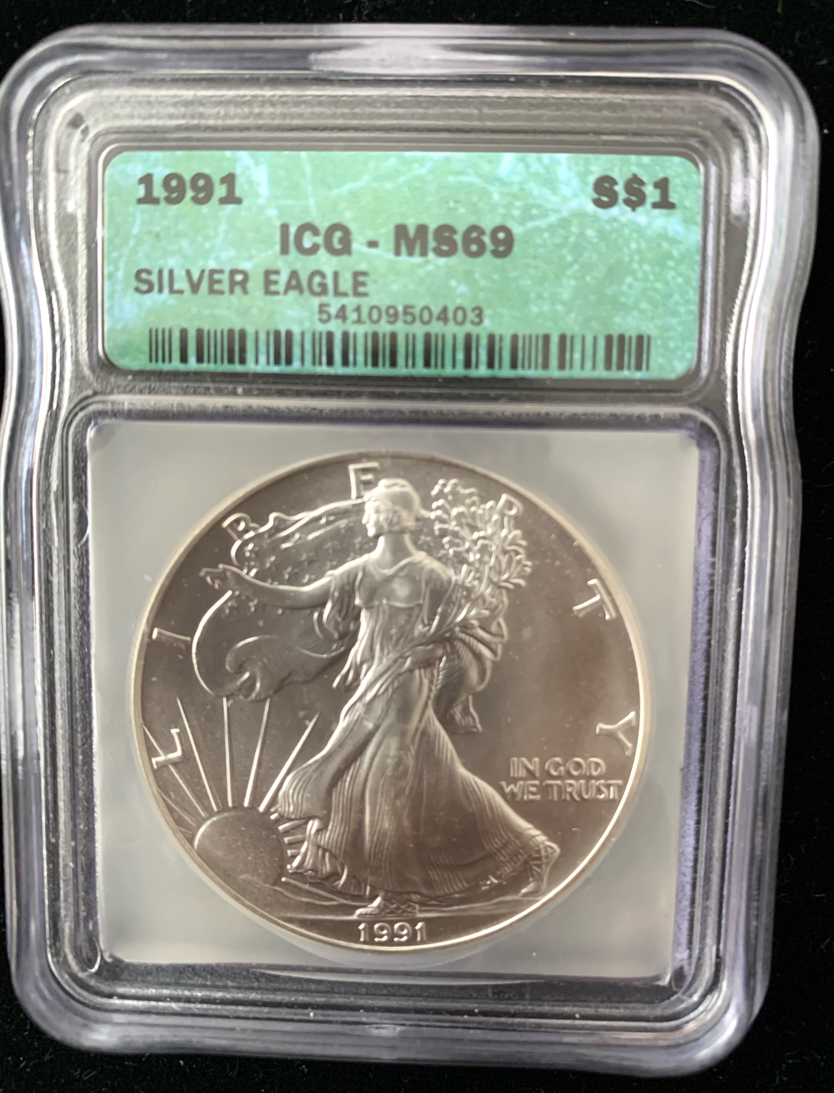 1oz SILVER EAGLE 1991 GRADED ICG-MS69 .999 FINE SILVER | Property Room