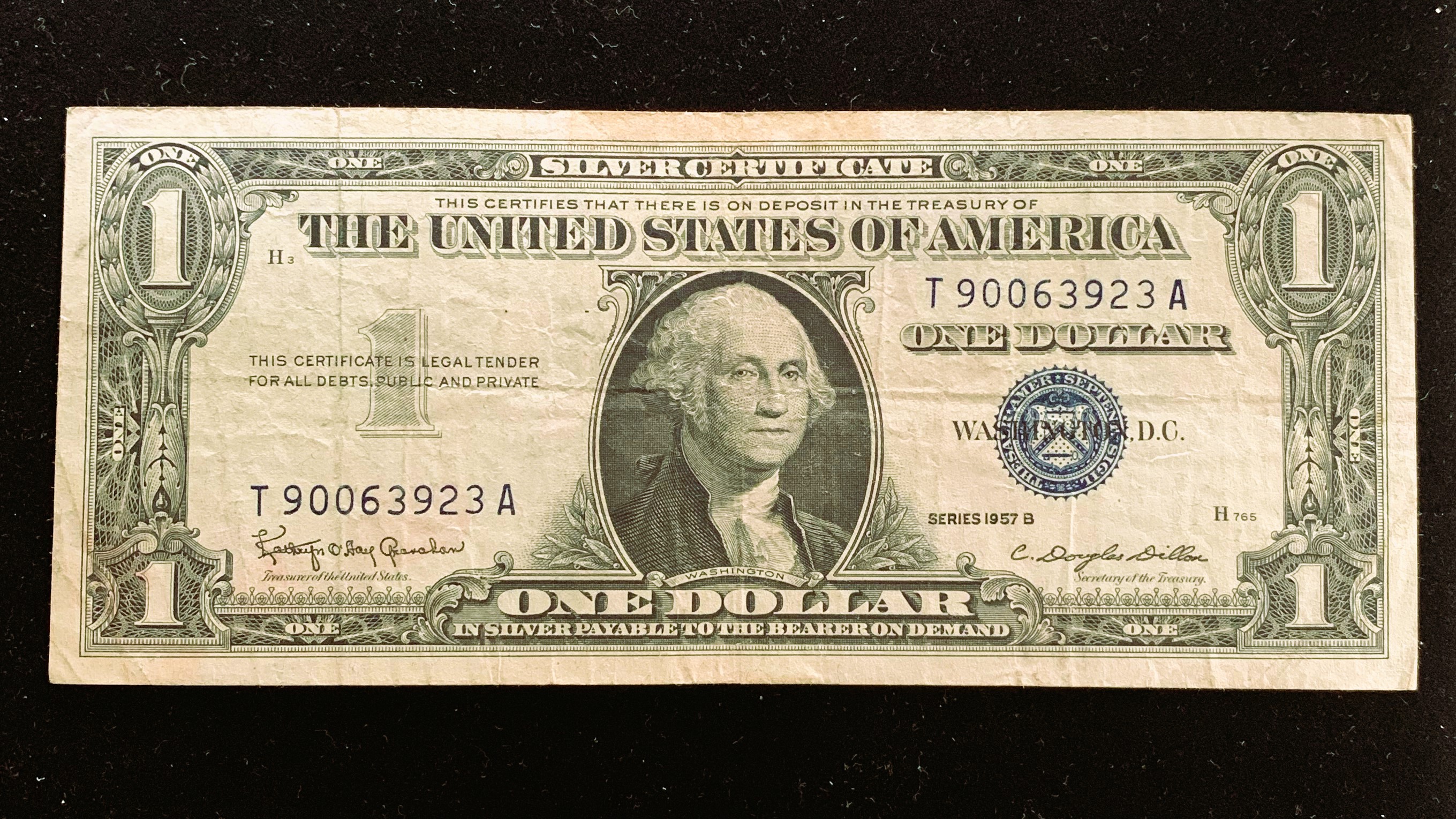 SILVER CERTIFICATE SERIES 1957 B , $1 DOLLAR NOTE, BLUE SEAL, IN SLEVE ...