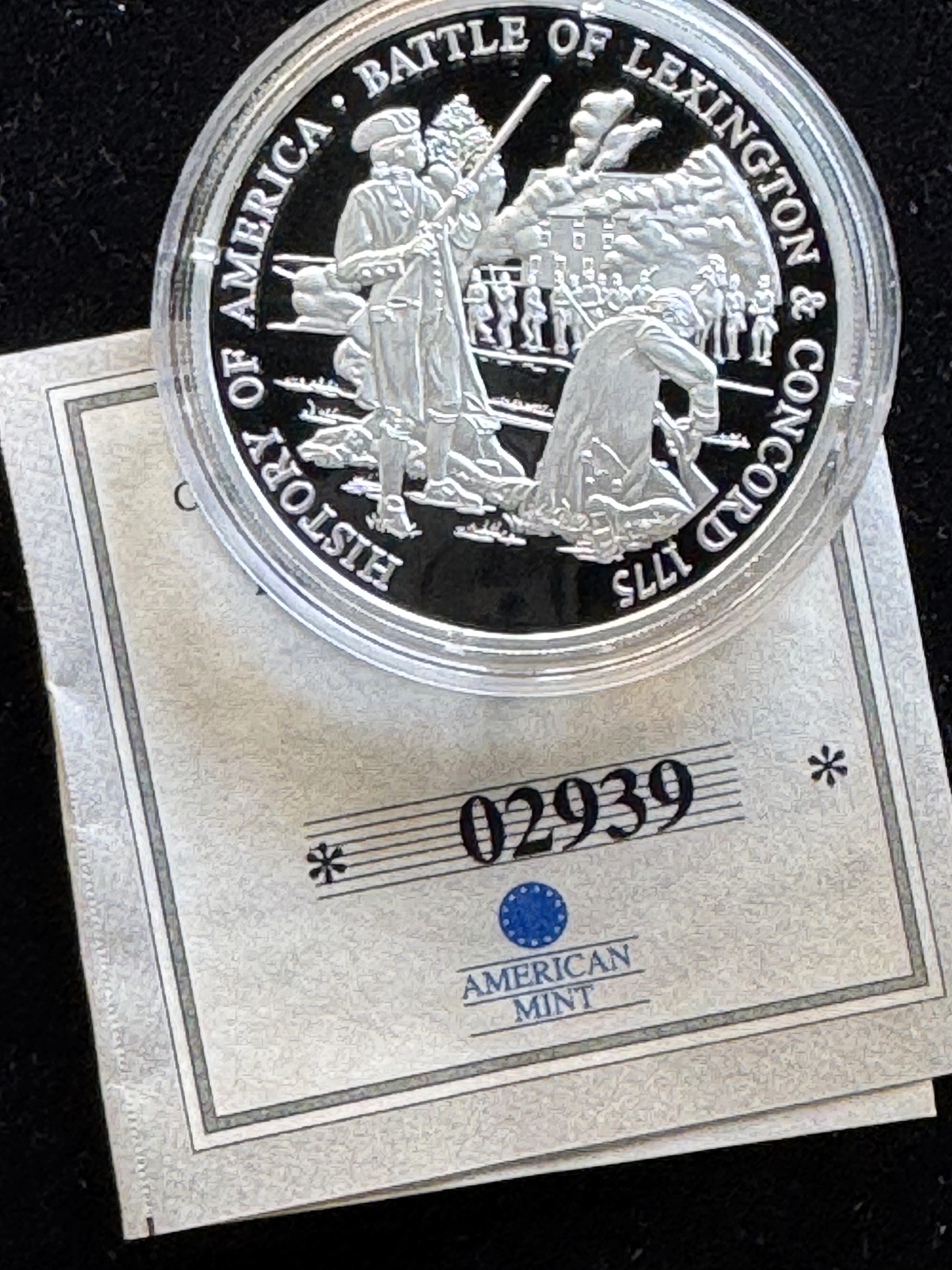 .999 FINE SILVER CAMEO PROOF HISTORY OF THE BATTLE OF LEXINGTON , 20g COIN UNBLEMISHED IN ...