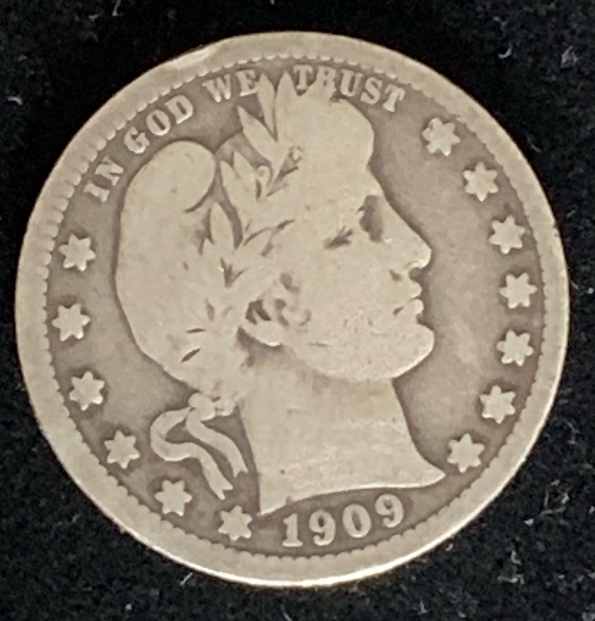 1909 SILVER BARBER QUARTER COIN, LOTS OF DETAIL AND CLARITY | Property Room