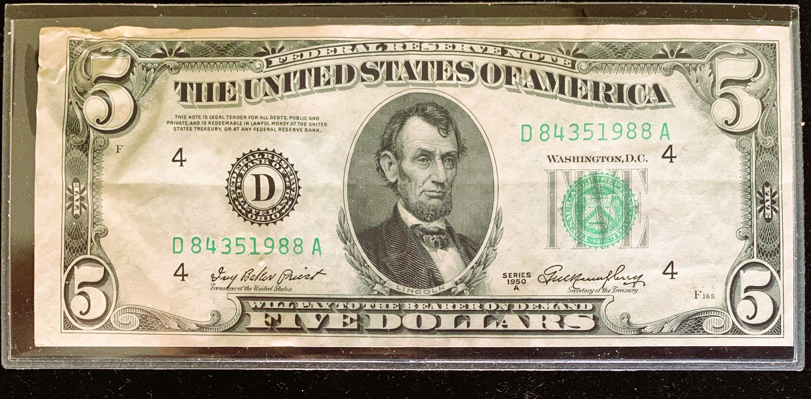 1950 A SERIES, $5 DOLLAR FEDERAL RESERVE NOTE, GREEN SEAL, CRISP IN ...