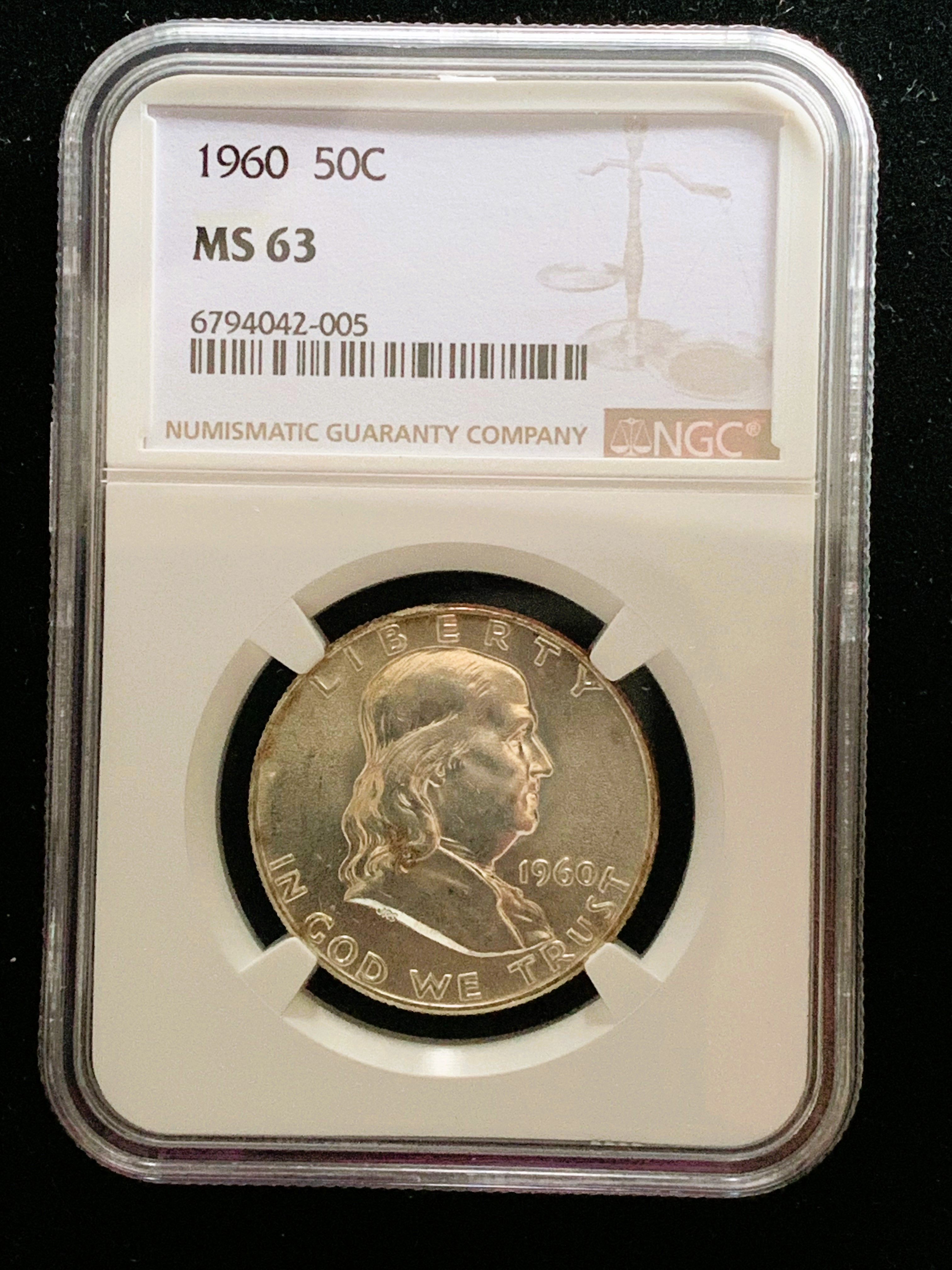 1960 SILVER NGC GRADED MS 63 FRANKLIN 50C IN THE SLAB, BRIGHT SHINY REALLY NICE HIGH GRADE COIN ...