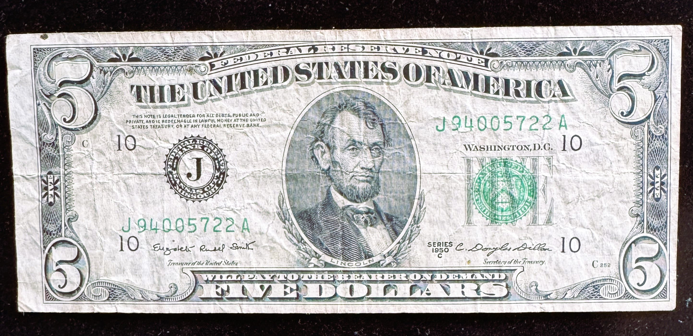 1950 C SERIES $5 DOLLAR FEDERAL RESERVE NOTE IN A SLEVE | Property Room