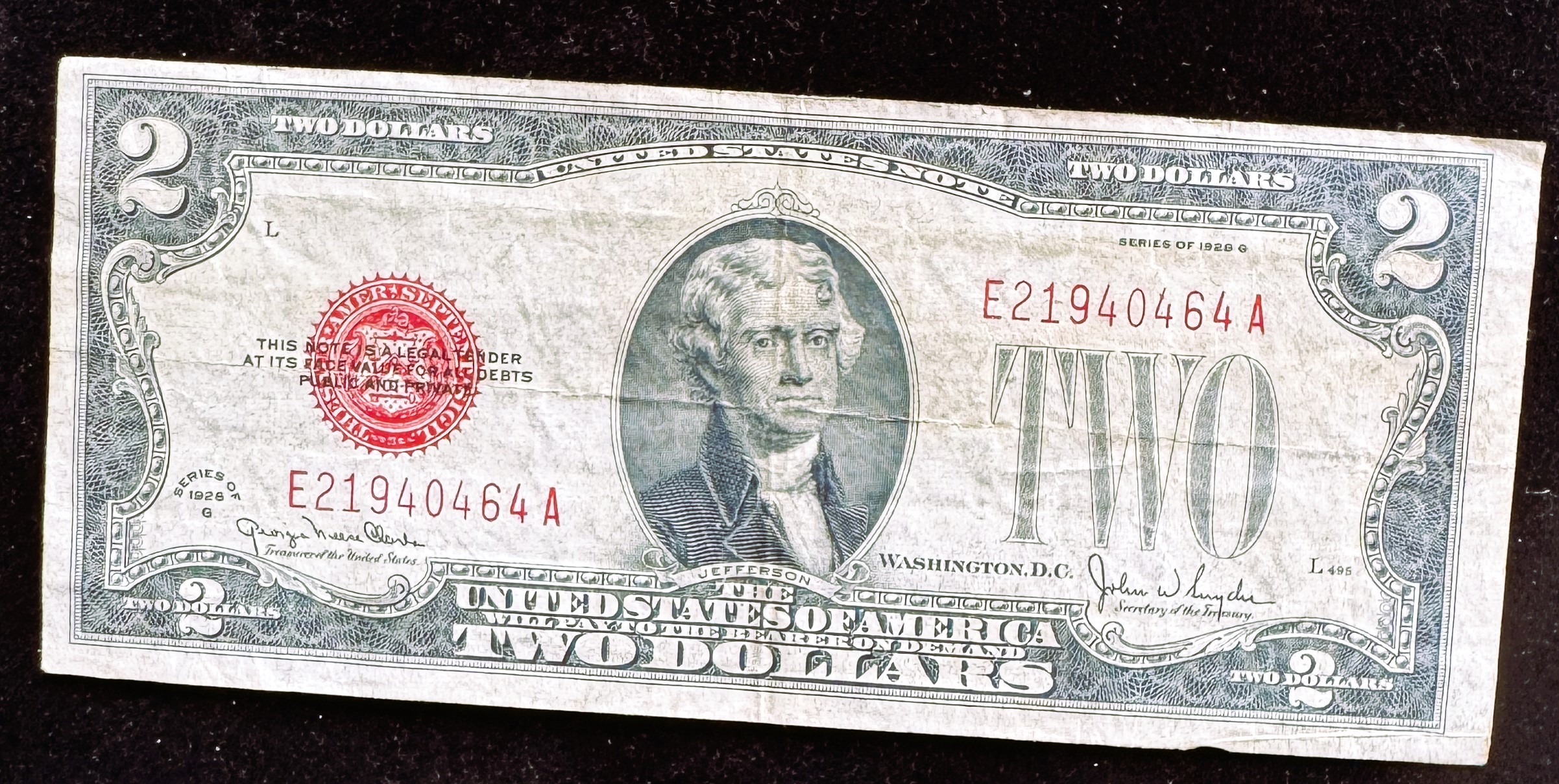 1928 G SERIES $2 DOLLAR UNITED STATES NOTE RED SEAL IN A SLEVE ...