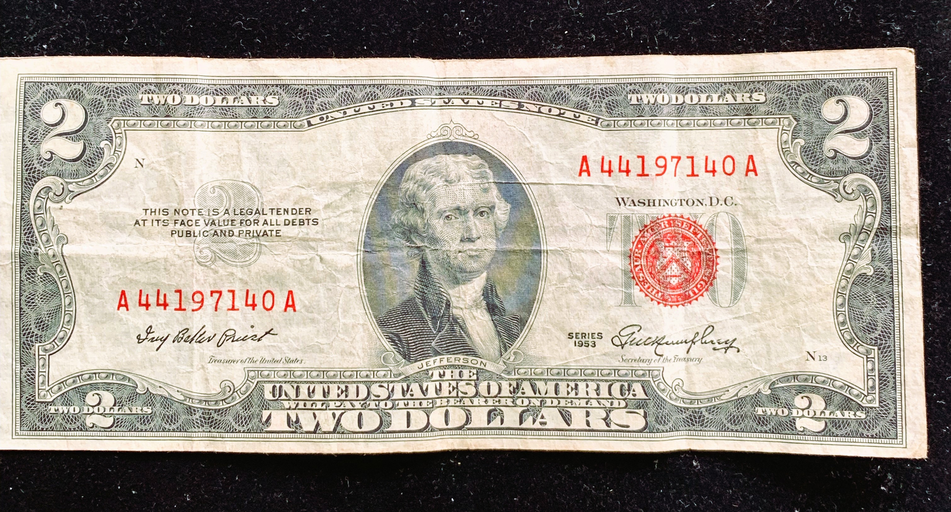 $2 DOLLAR 1953 SERIES UNITED STATES NOTE "RED LABEL " VG, IN A SLEVE ...