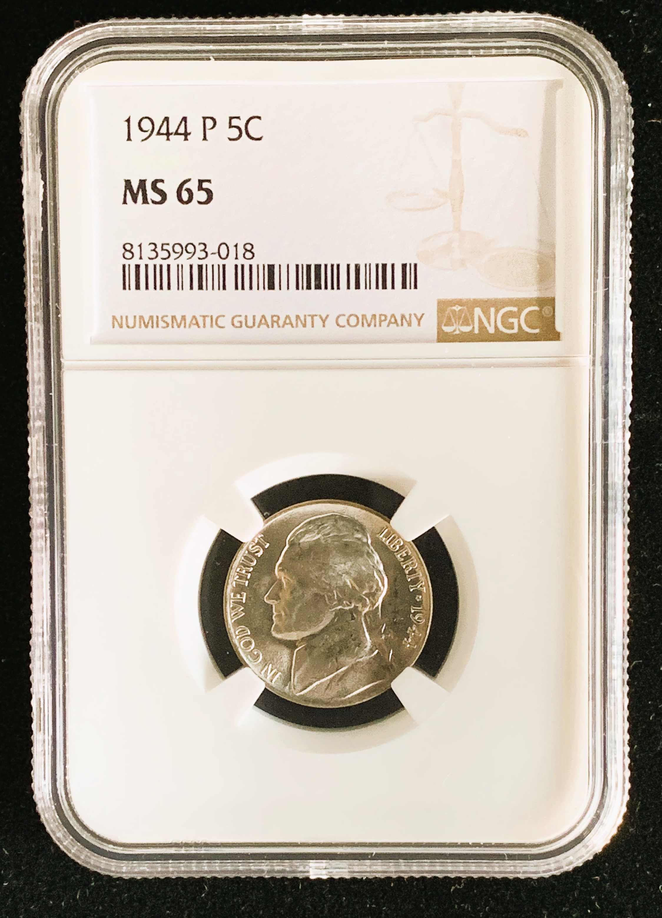 1944 P 5C NICKEL COIN, NGC GRADED MS 65, BRIGHT SHINY GEM IN THE SLAB ...